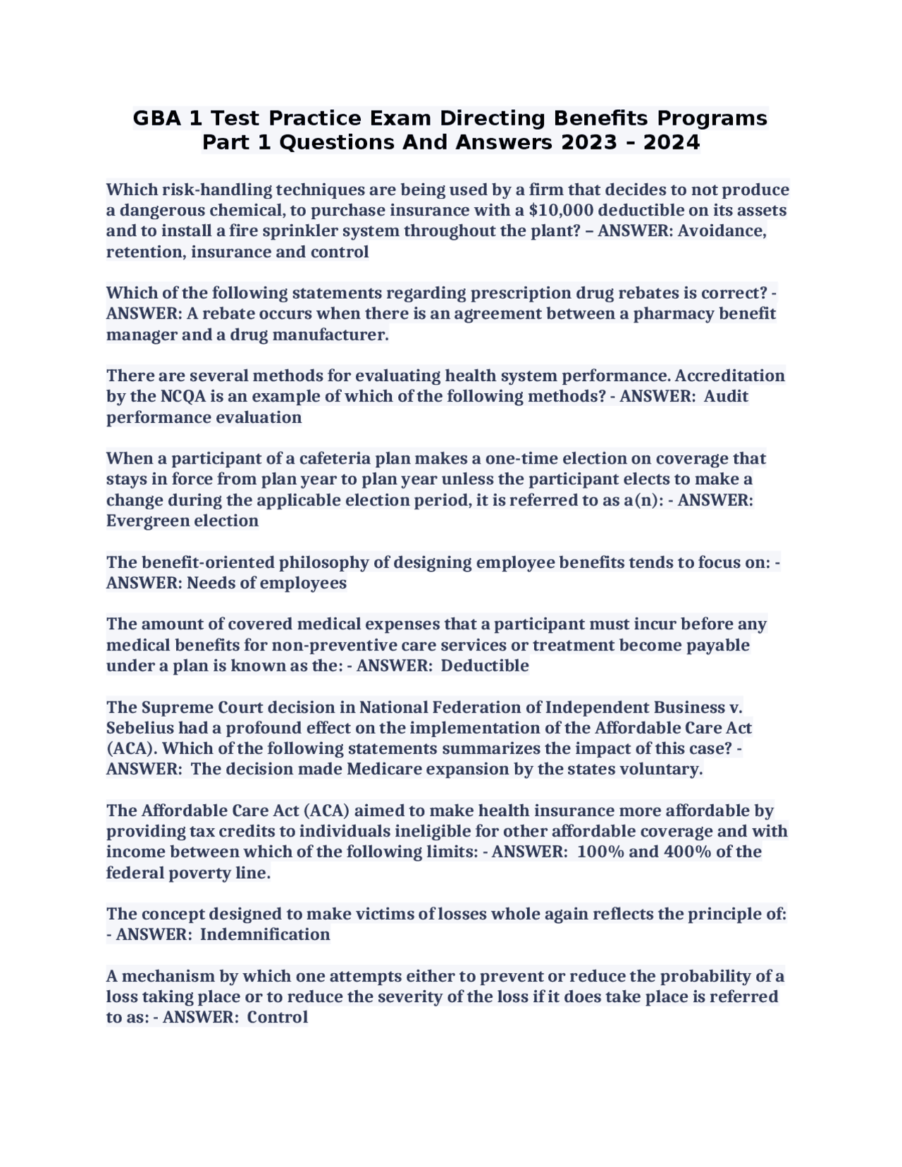 GBA 1 Test Practice Exam: Health Insurance and Employee Benefits ...