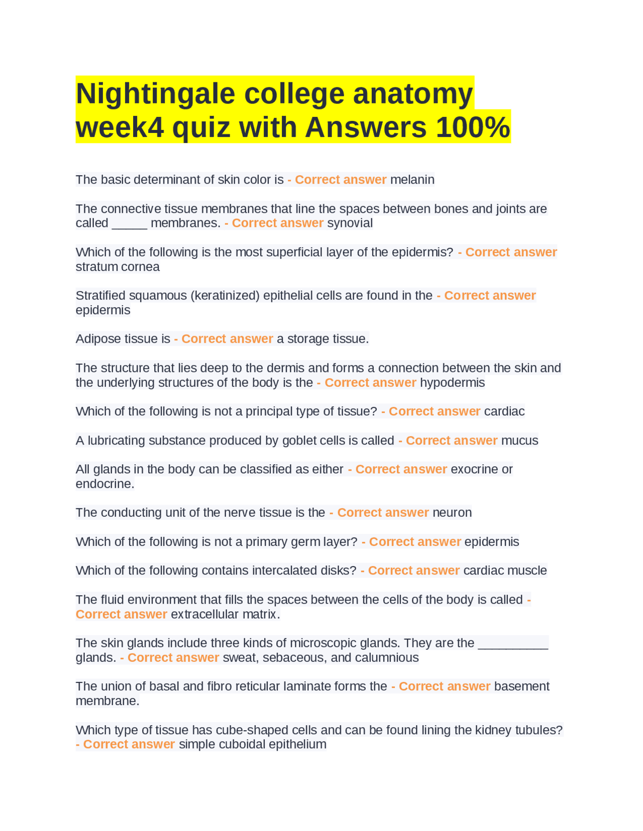 Nightingale college anatomy week4 quiz with Answers 100% | Exams ...