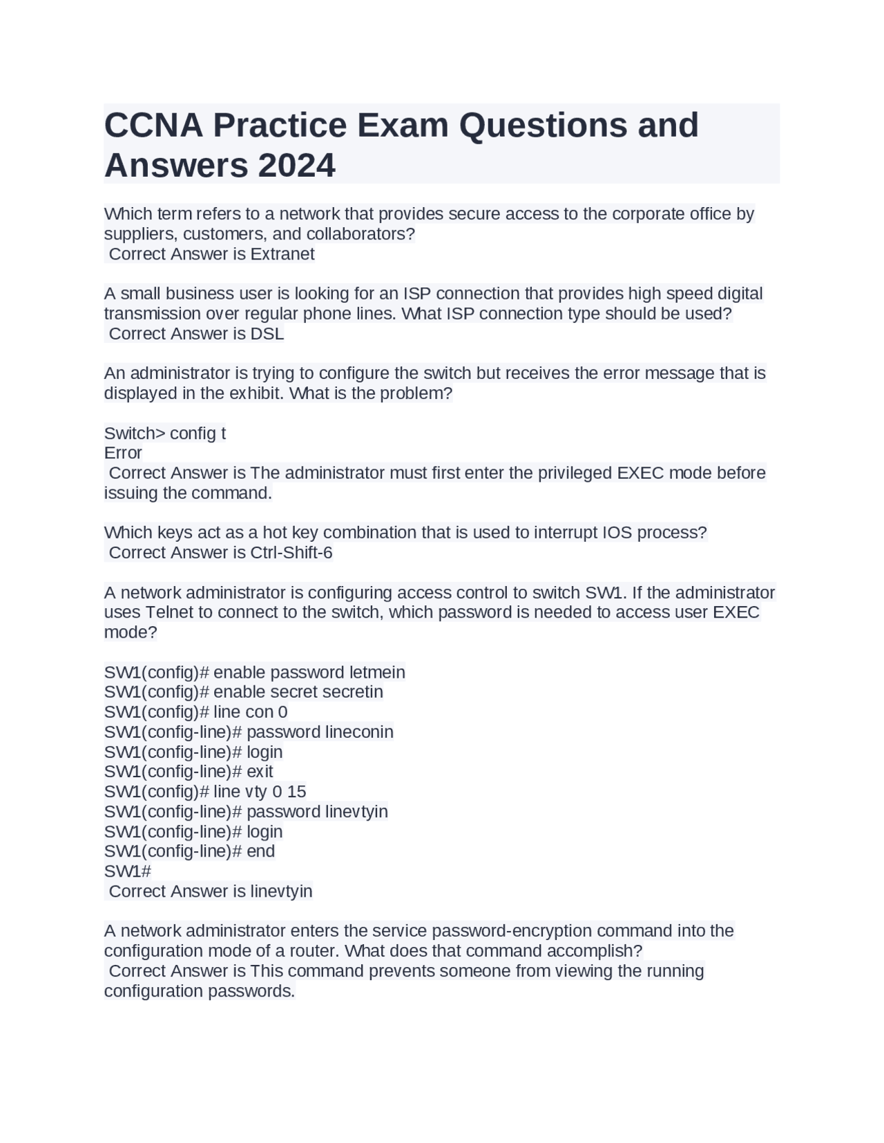 CCNA Practice Exam Questions and Answers 2024 | Exams Nursing | Docsity