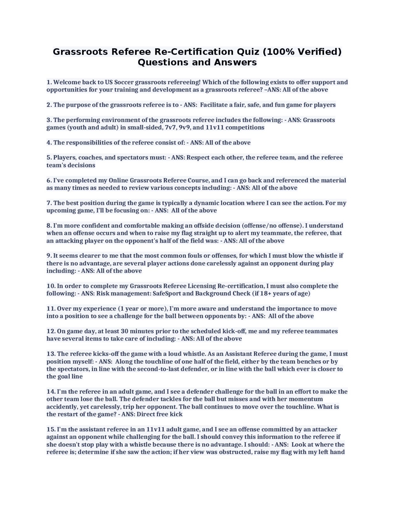 Grassroots Referee Re-Certification Quiz (100% Verified) Questions and Answers | Exams Advanced ...