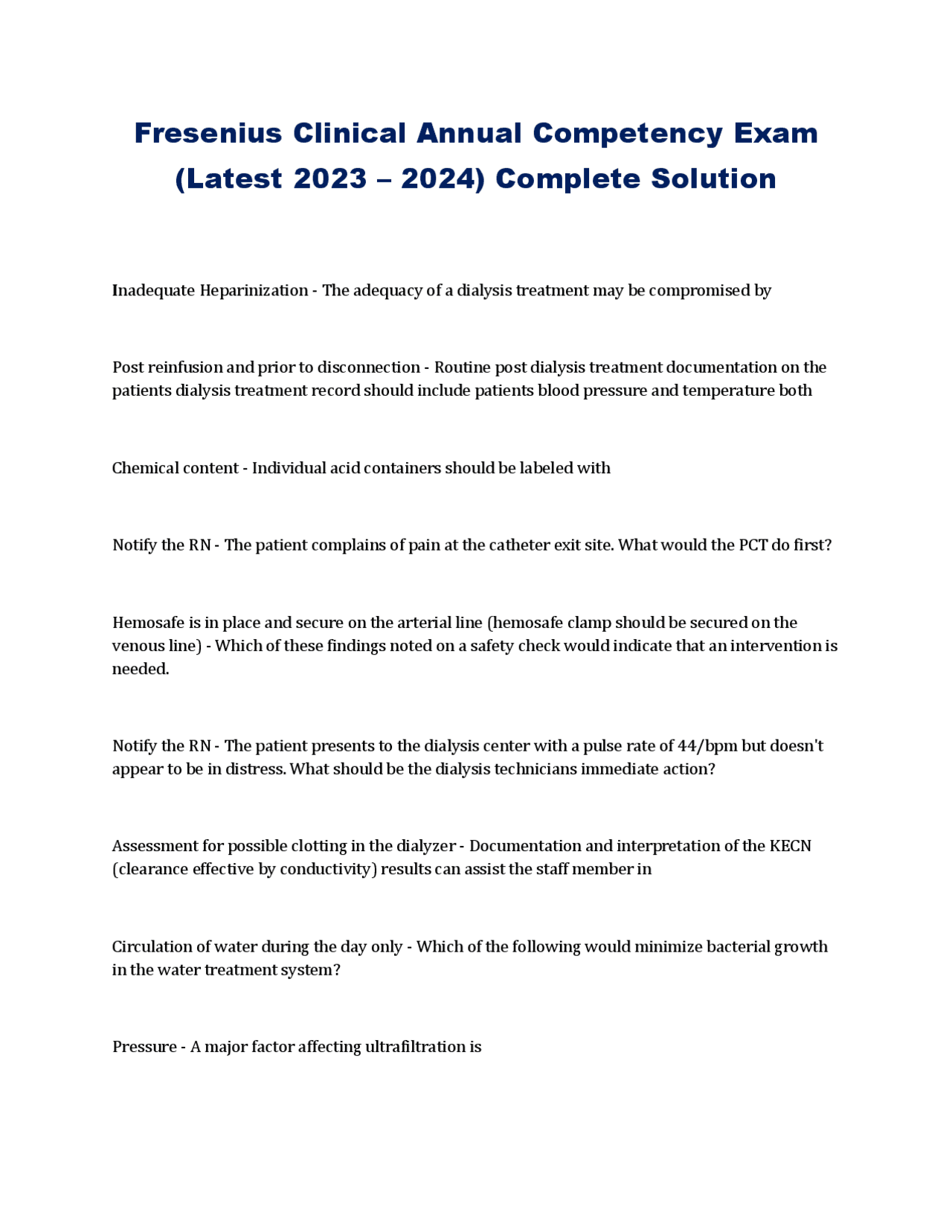 Fresenius Clinical Annual Competency Exam (Latest 2023 – 2024) Complete ...