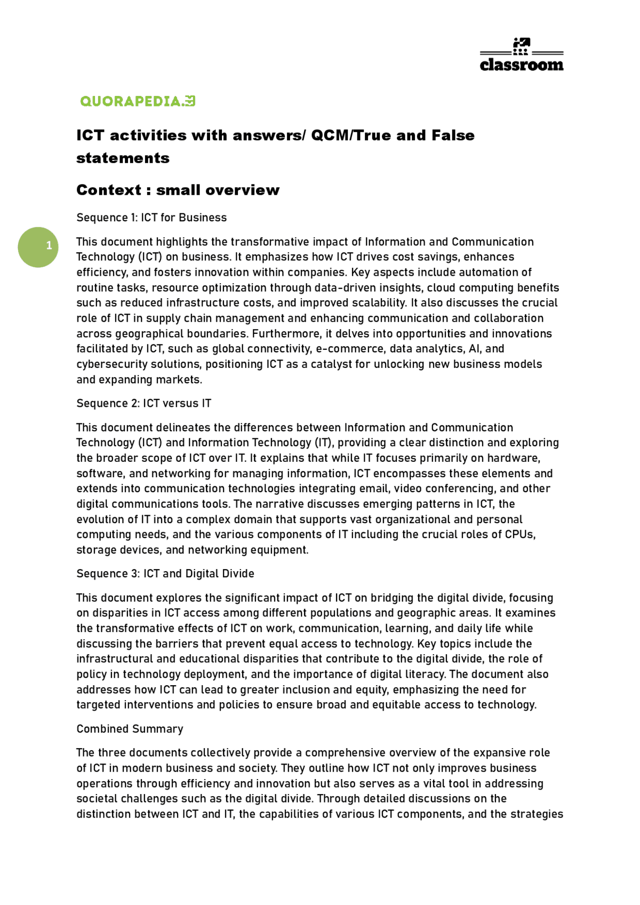 ICT activities with answers/ QCM/True and False | Assignments Information and Communications ...