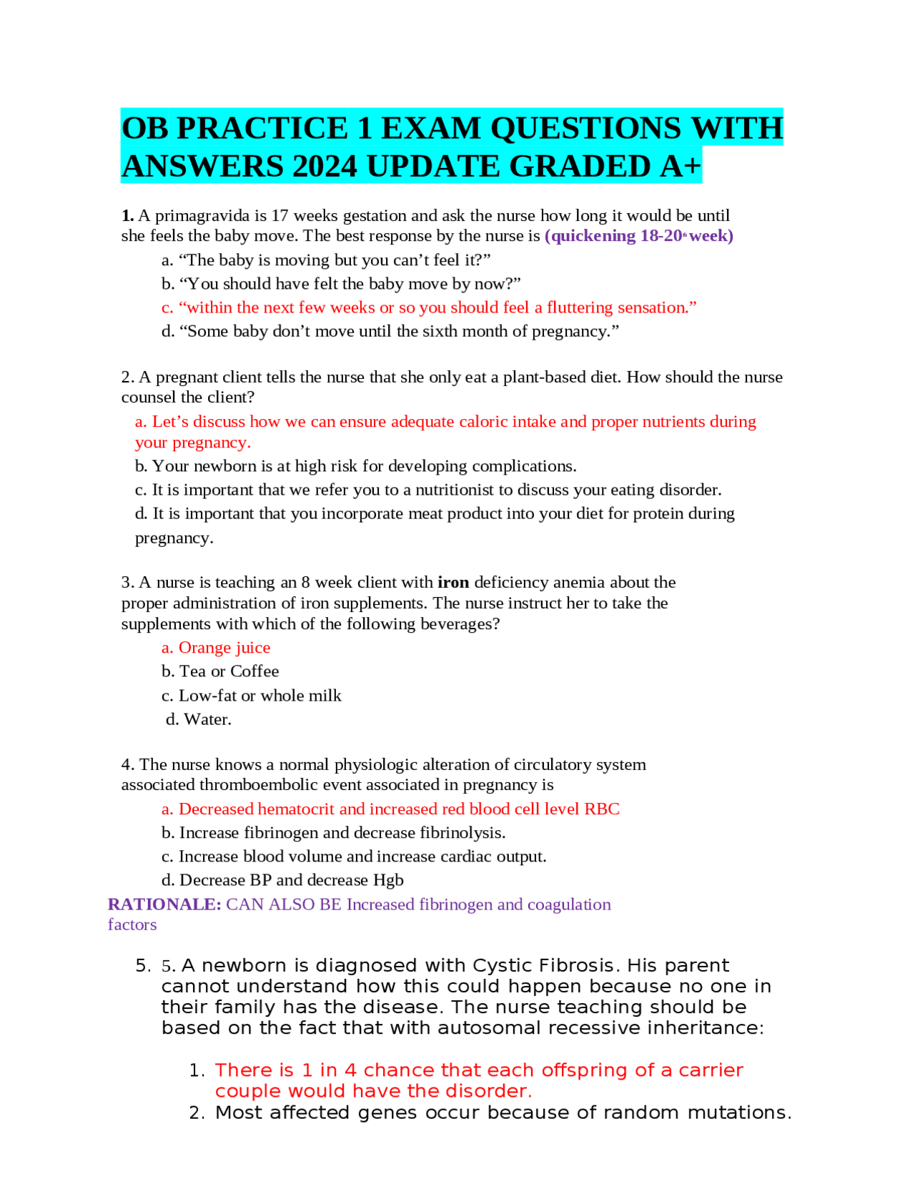 OB PRACTICE 1 EXAM QUESTIONS WITH ANSWERS 2024 UPDATE GRADED A+ | Exams ...