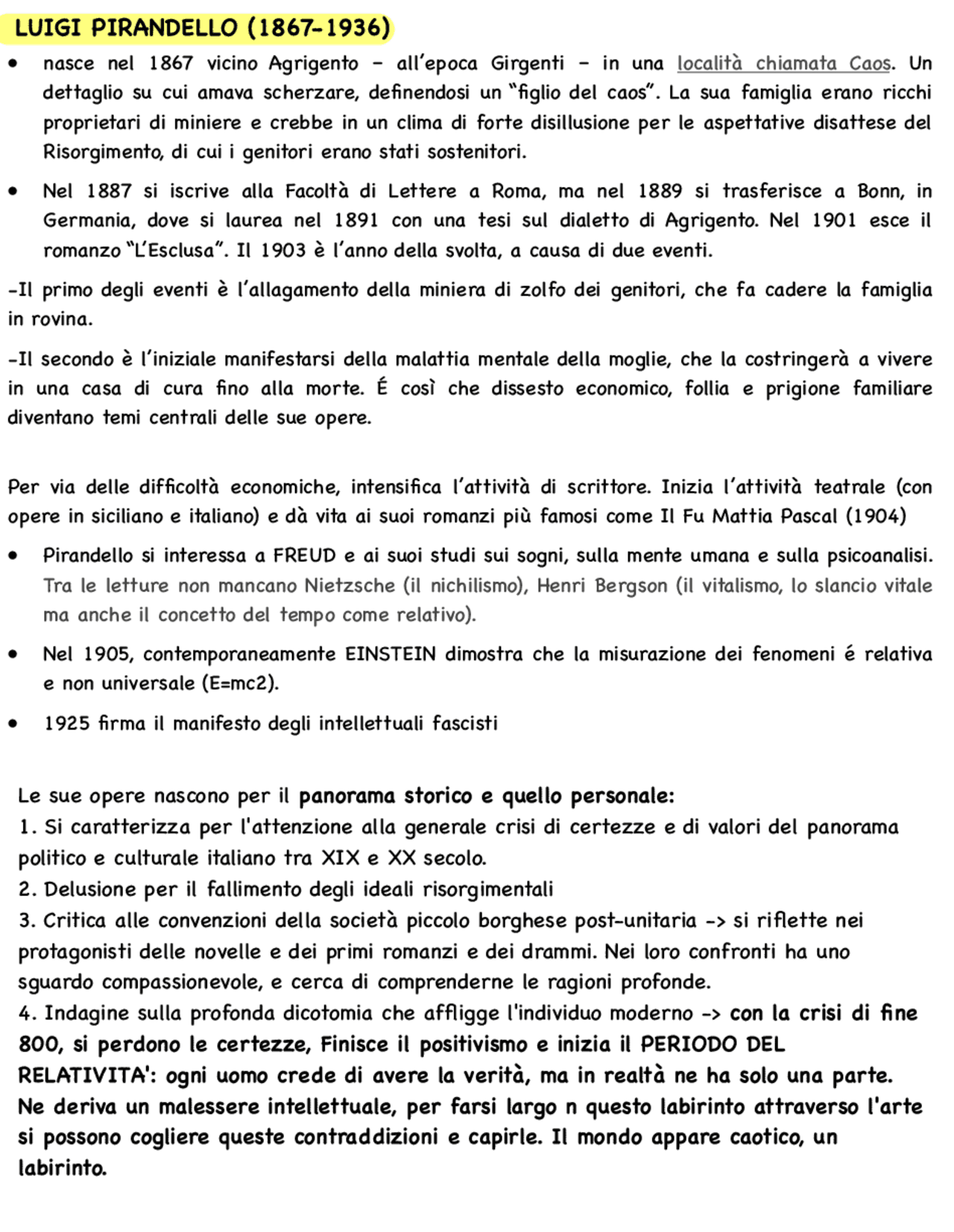 Pirandello： vita e opere | Schemi e mappe concettuali di Italiano | Docsity