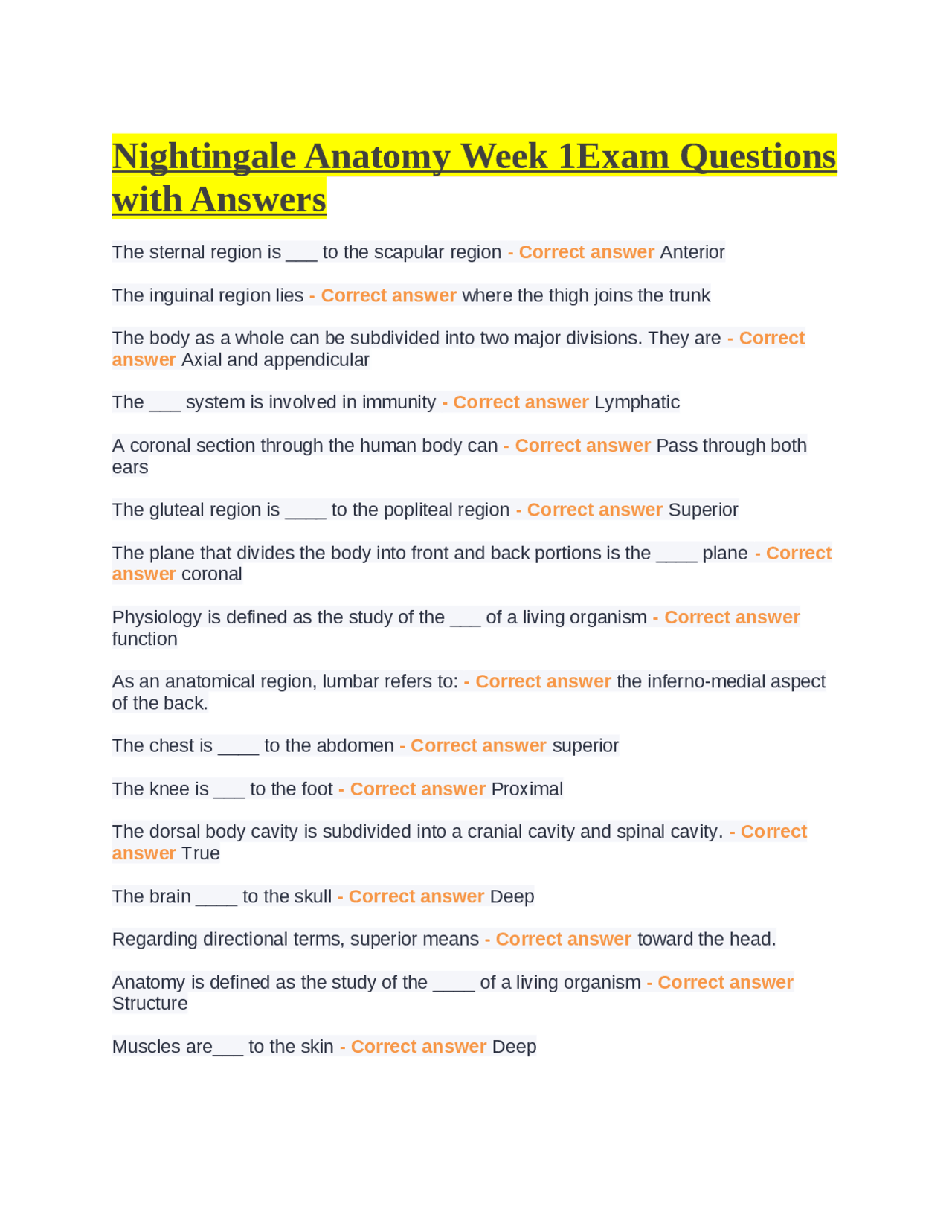 Nightingale Anatomy Week 1Exam Questions with Answers | Exams Nursing ...