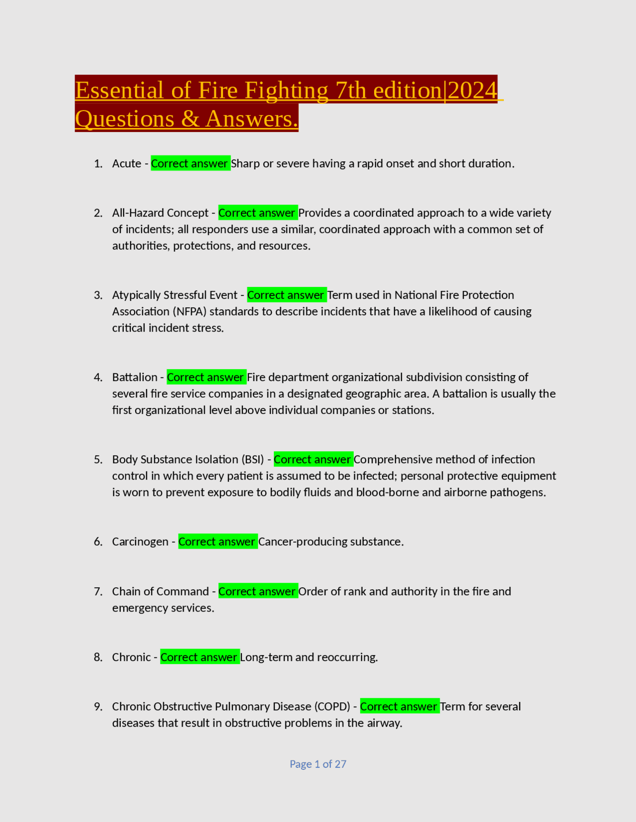 Essential of Fire Fighting 7th edition|2024 Questions &amp; Answers ...