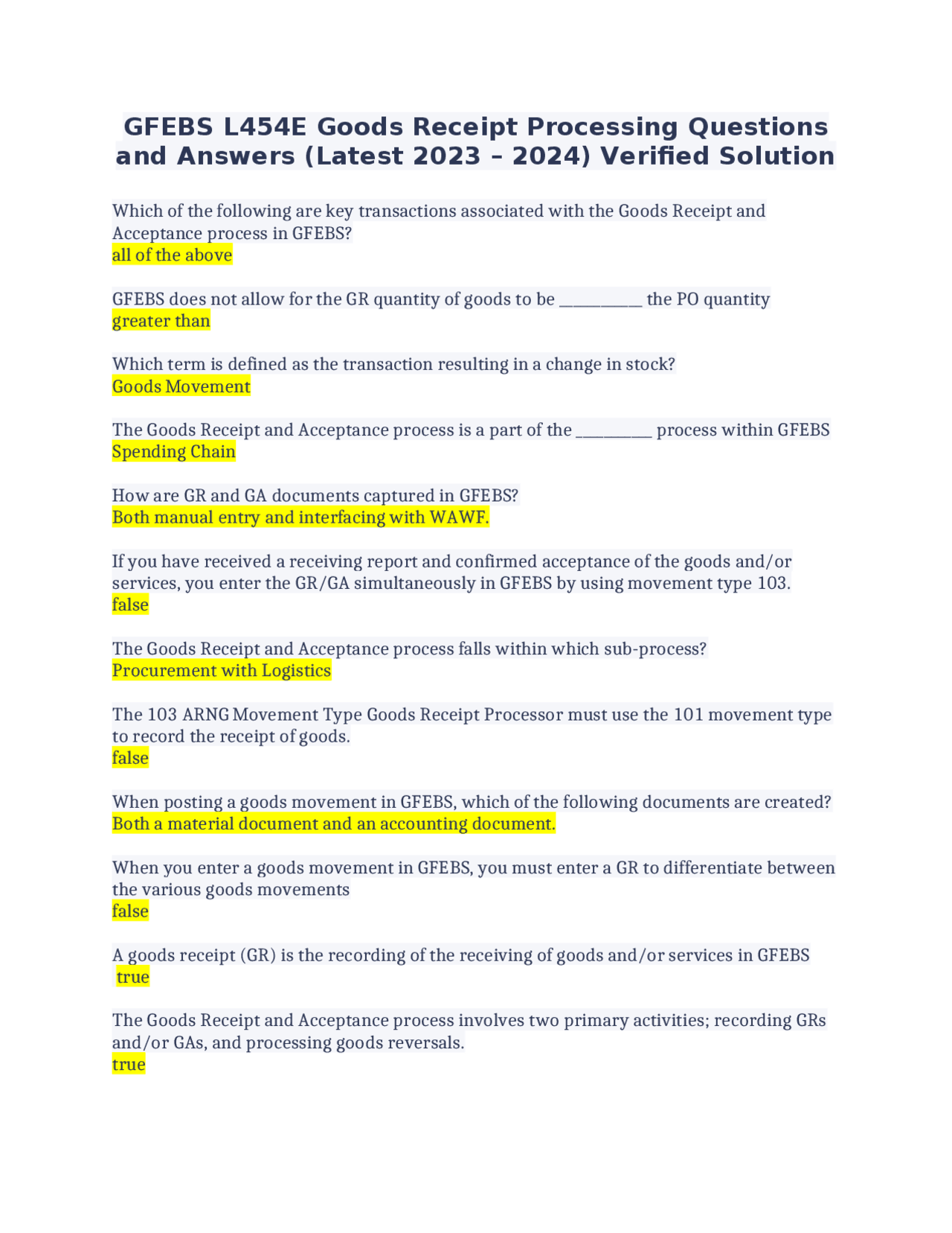 Gfebs L454e Goods Receipt Processing Questions And Answers Latest 2023 2024 Verified S 