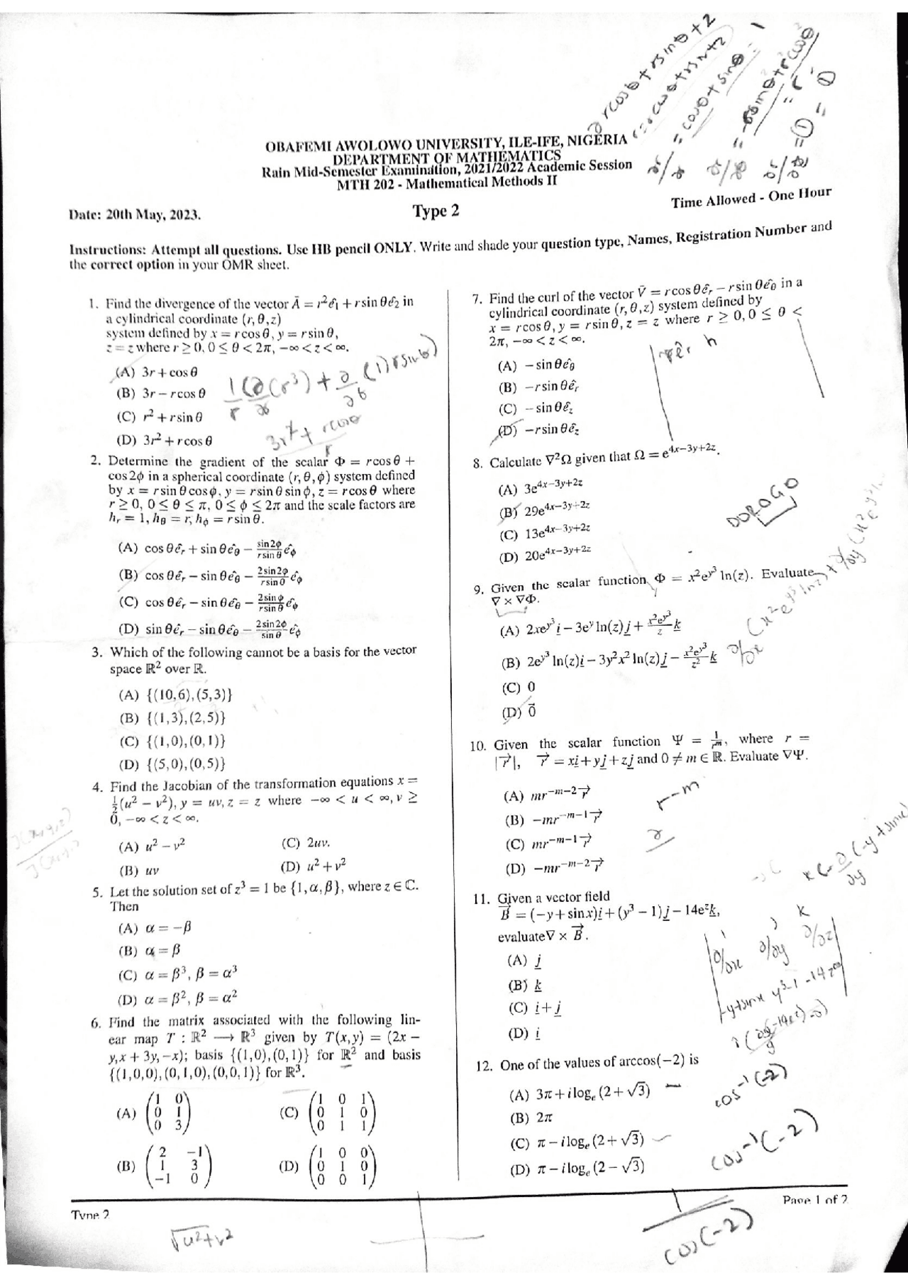 past question on VECTOR CALCULUS | Exams Mathematics | Docsity