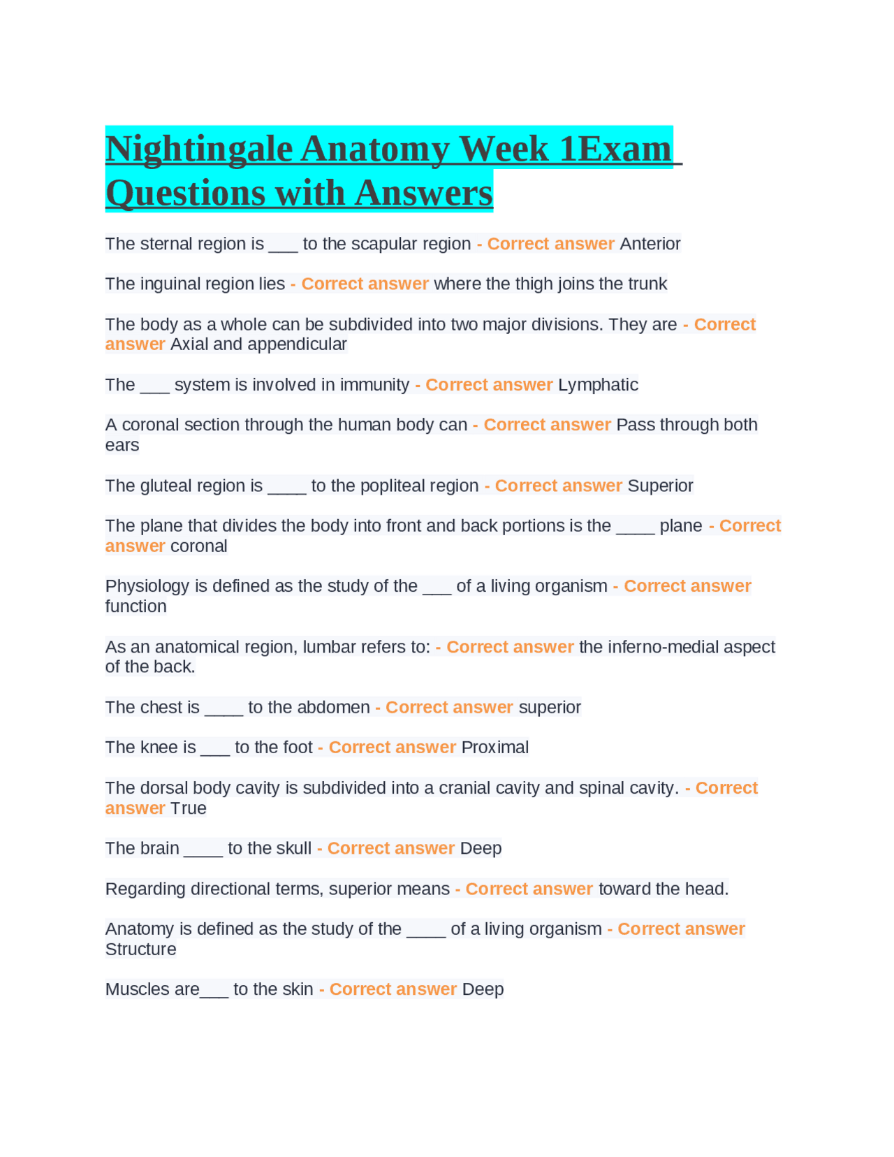 Anatomy Quiz: Week 1 Exam Questions with Answers | Exams Nursing | Docsity