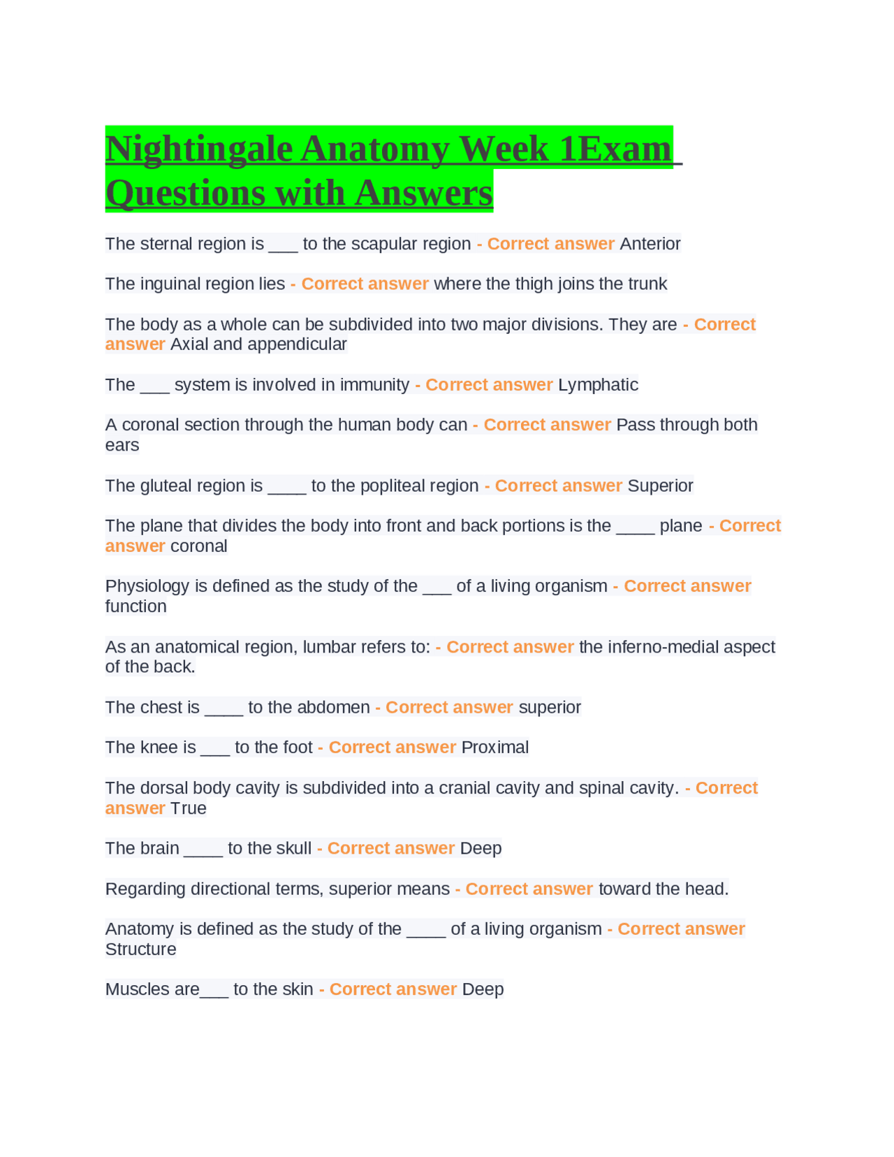 Anatomy Quiz: Week 1 Exam Questions with Answers | Exams Nursing | Docsity