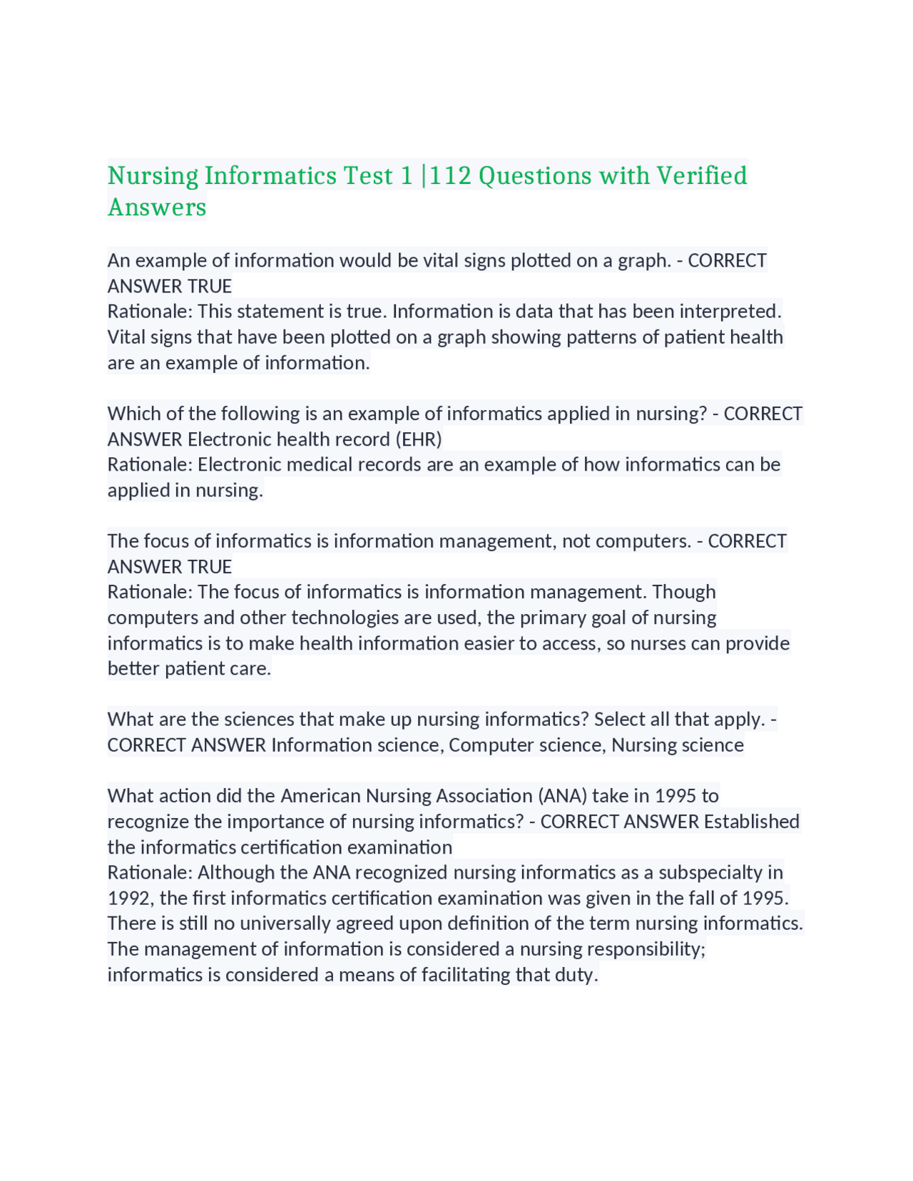 Nursing Informatics Test 1 |112 Questions with Verified Answers,100% ...