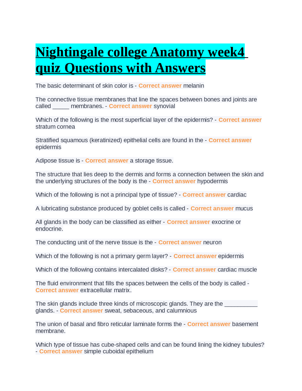 Nightingale college Anatomy week4 quiz Questions with Answers | Exams ...