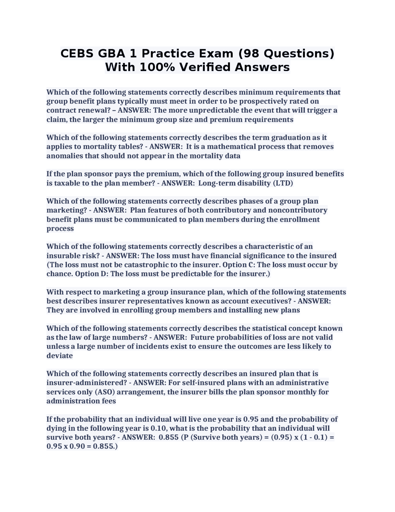 CEBS GBA 1 Practice Exam (98 Questions) With 100% Verified Answers ...