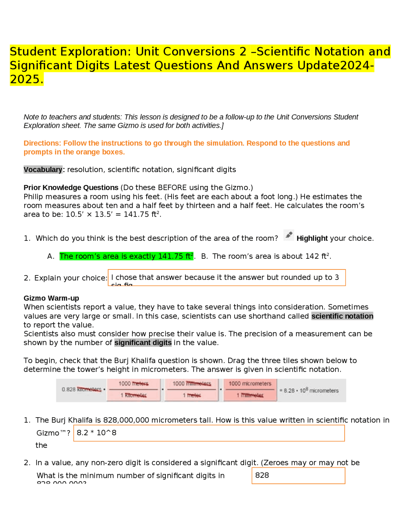 Student Exploration: Unit Conversions 2 –Scientific Notation and ...