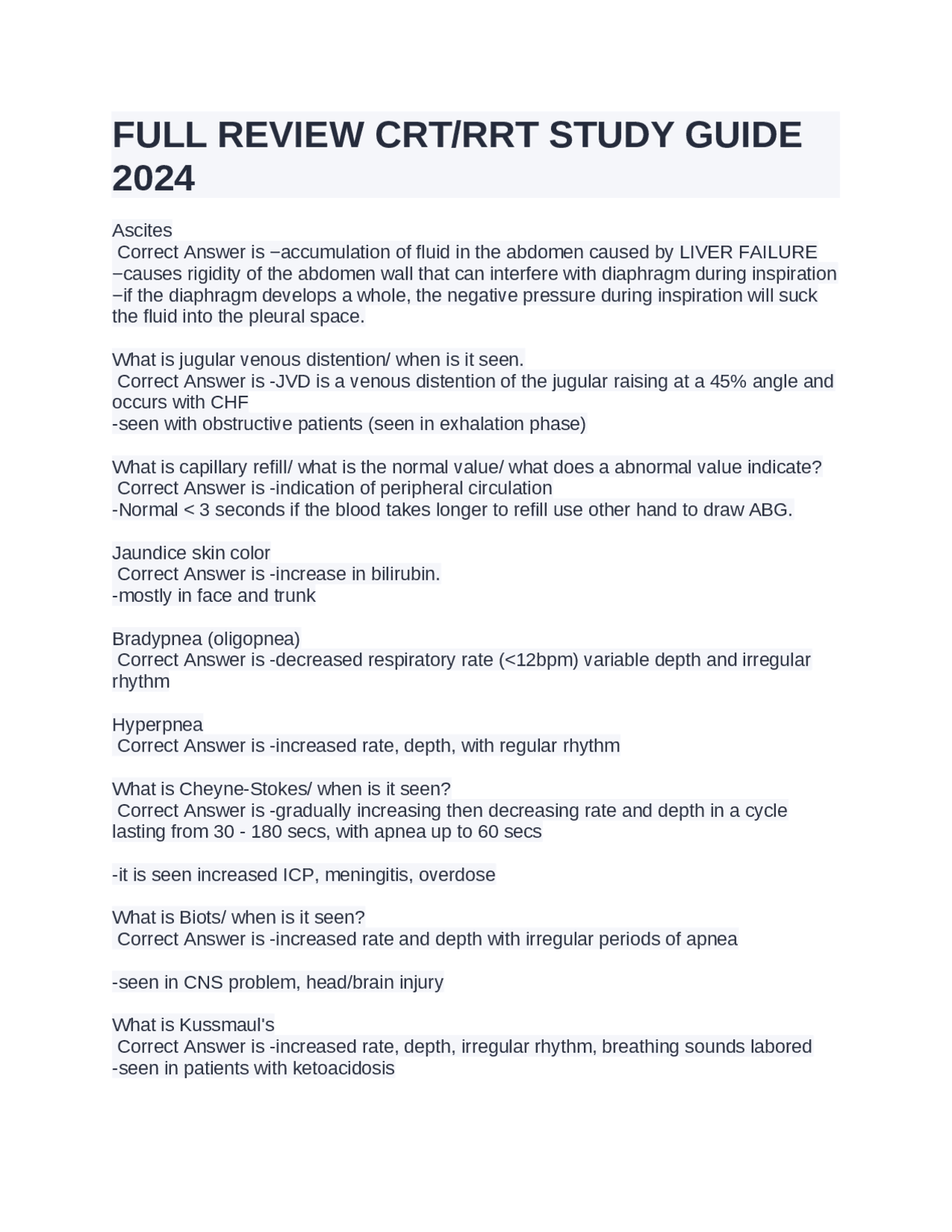 FULL REVIEW CRT/RRT STUDY GUIDE 2024 | Exams Nursing | Docsity