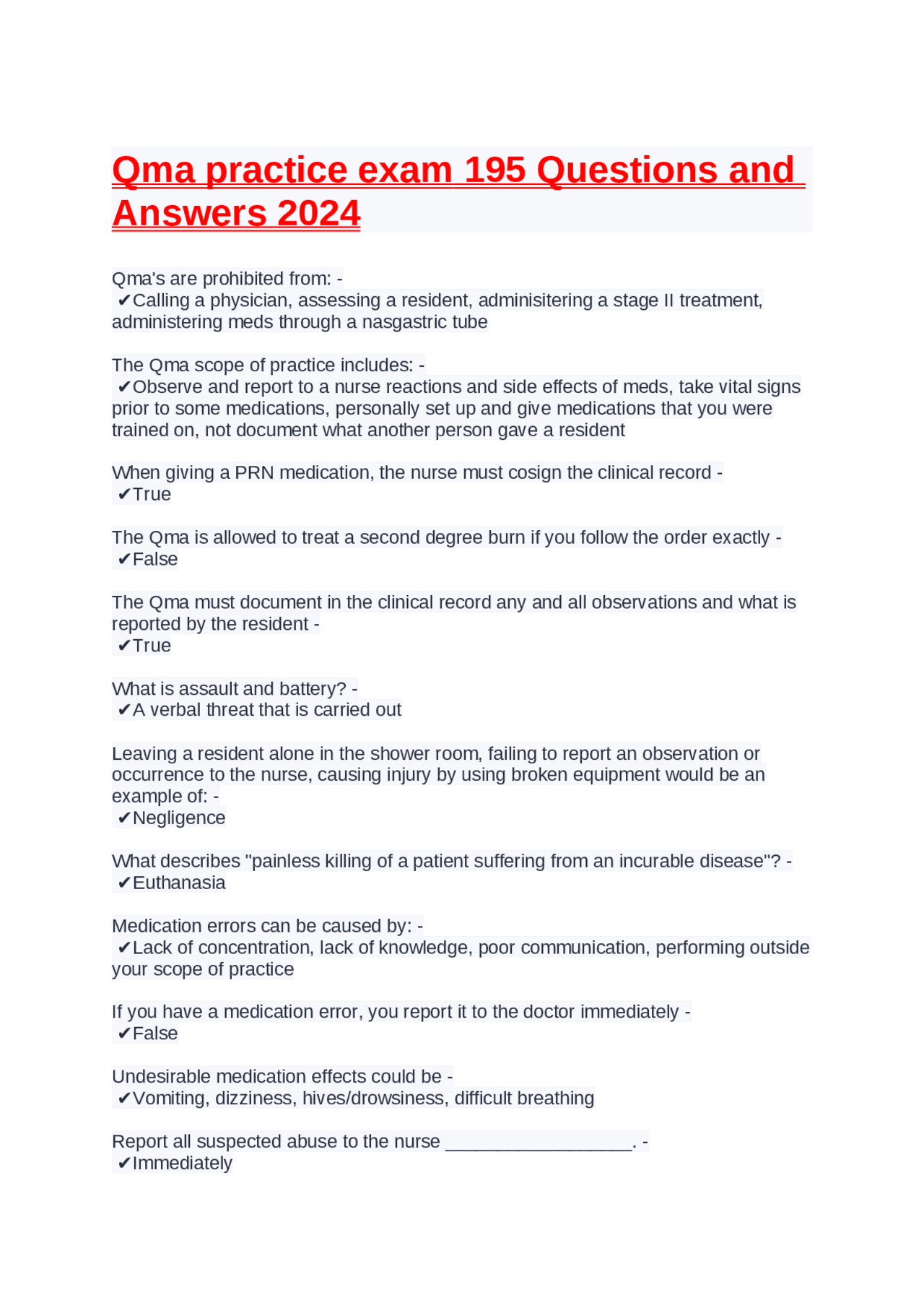 QMA Practice Exam: Scope of Practice, Medications, and Safety ...