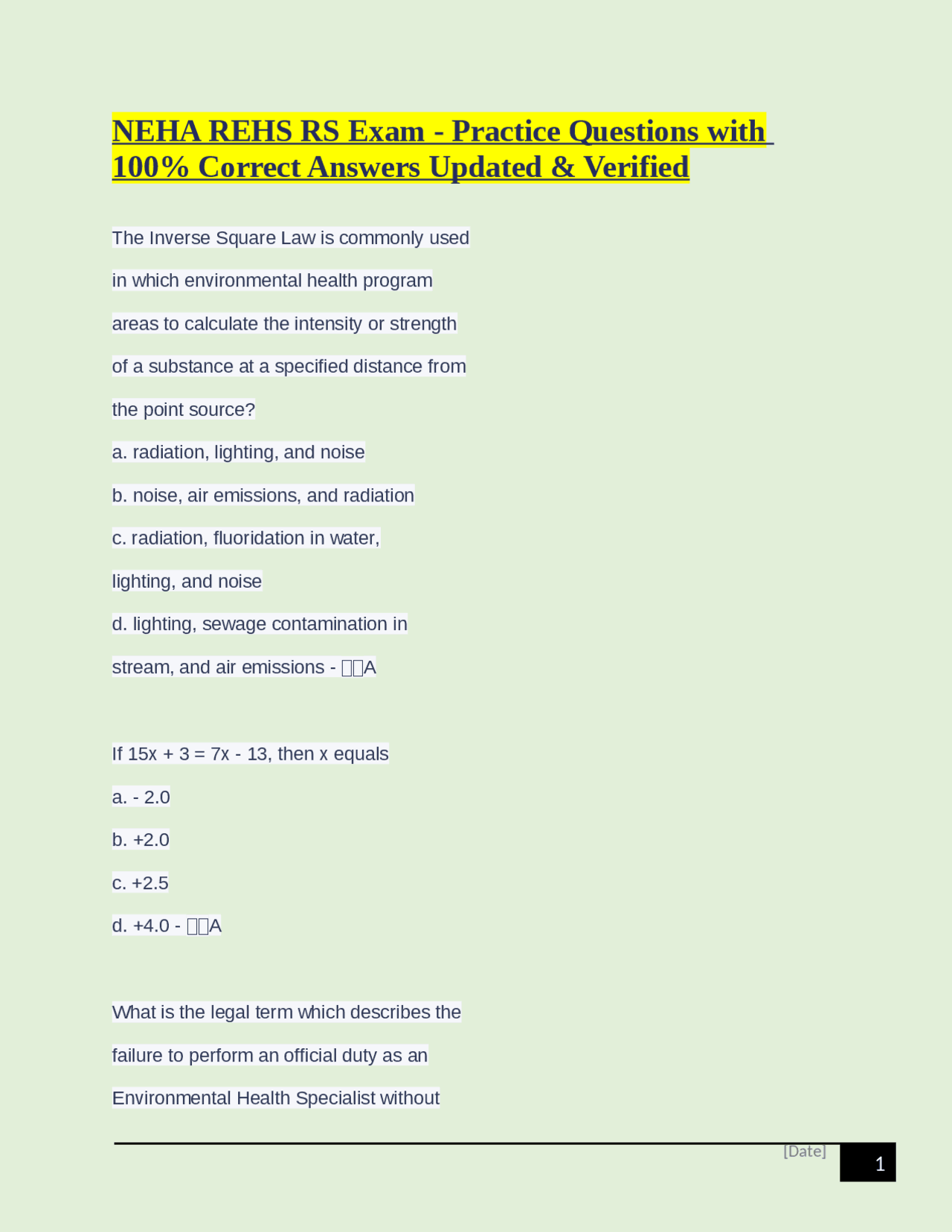 NEHA REHS RS Exam Practice Questions | Exams Nursing | Docsity