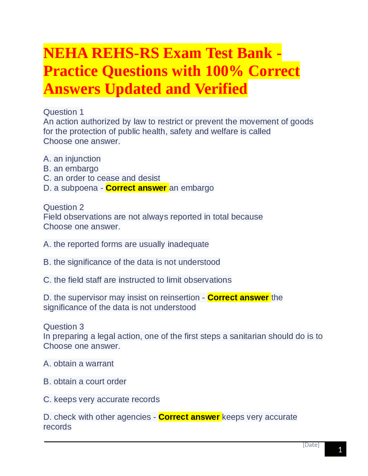 NEHA REHS-RS Exam Test Bank - Practice Questions with 100% Correct ...