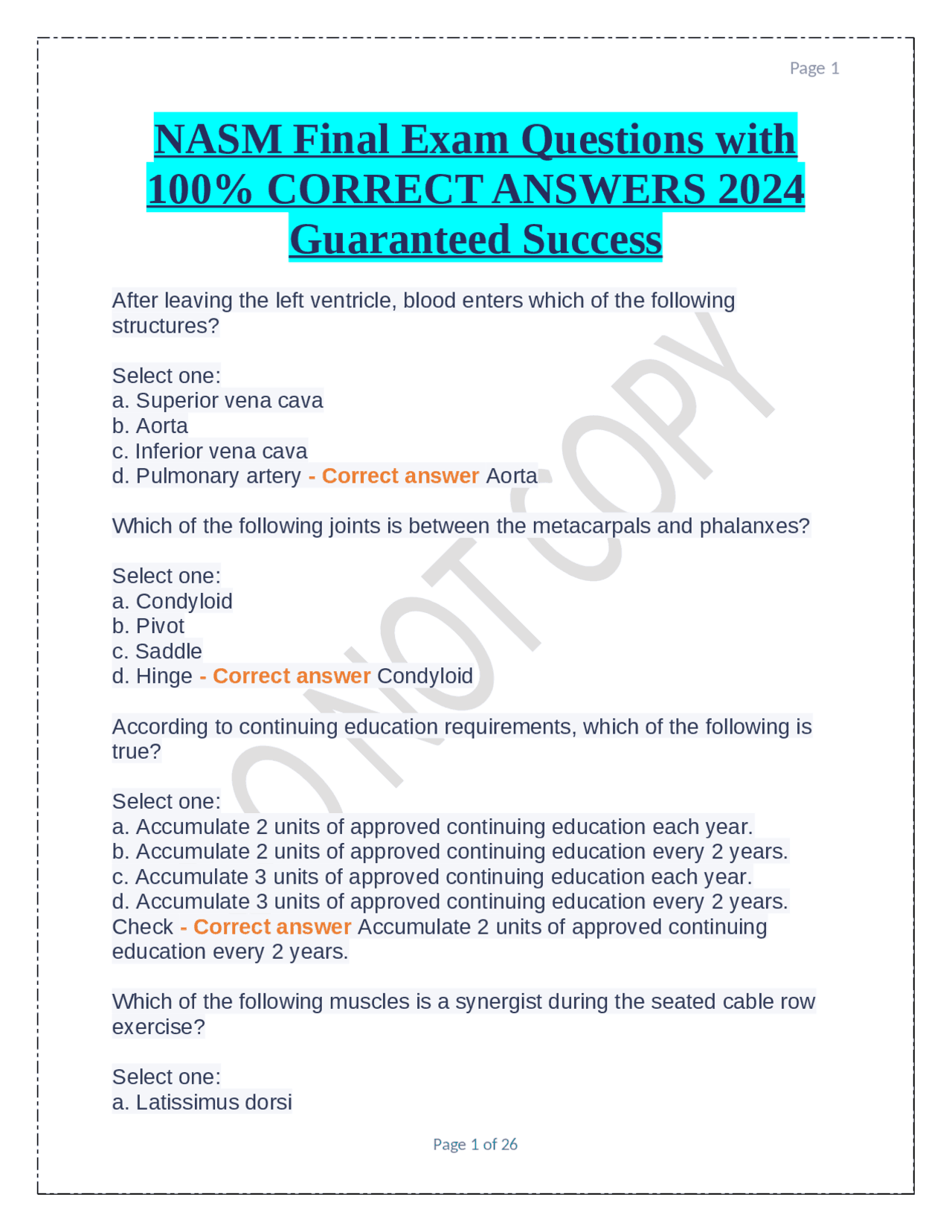 NASM Final Exam Questions with 100% CORRECT ANSWERS 2024 Guaranteed ...