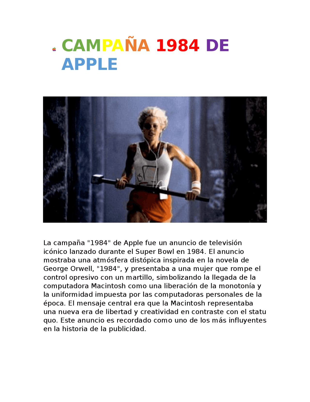 campaña 1984 de Apple | Guías, Proyectos, Investigaciones de Publicidad y Promoción | Docsity