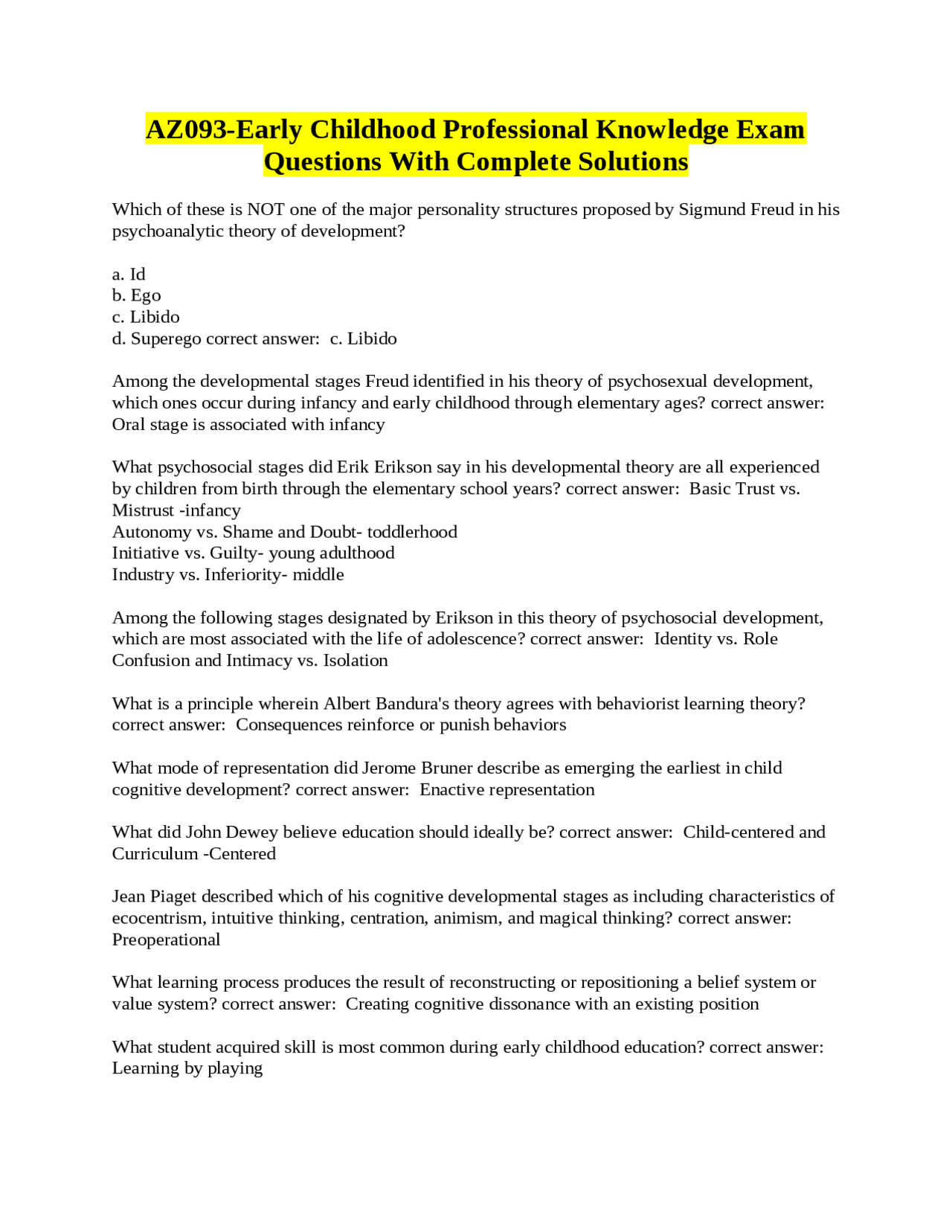 AZ093-Early Childhood Professional Knowledge Exam Questions With ...