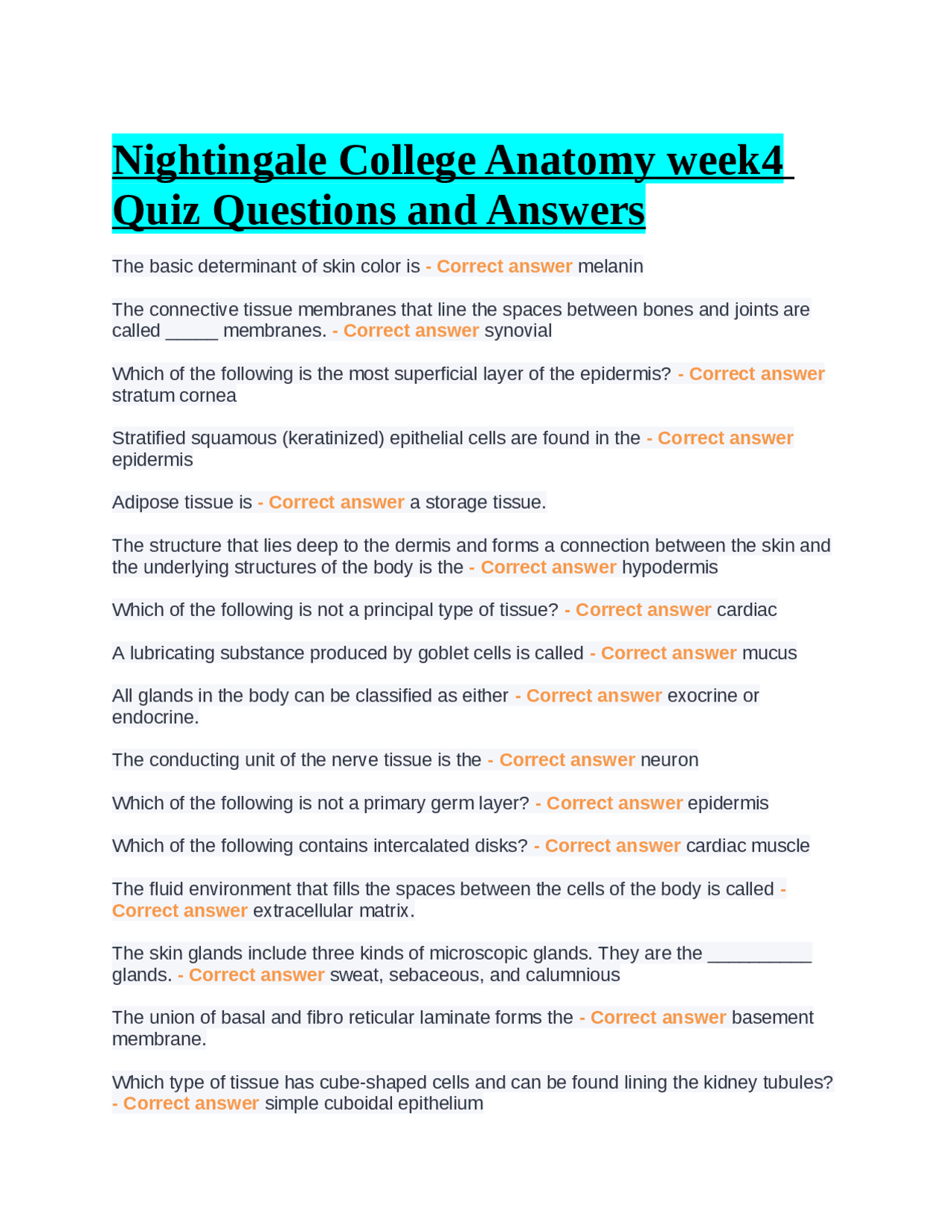 Anatomy Quiz Questions and Answers: Week 4 | Exams Nursing | Docsity