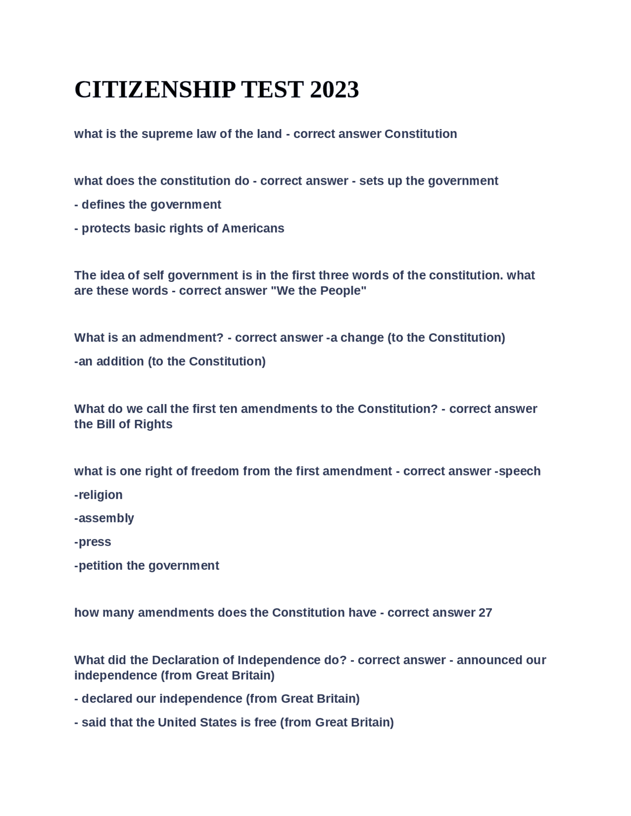 United States Citizenship Test 2023 | Exams Nutrition | Docsity