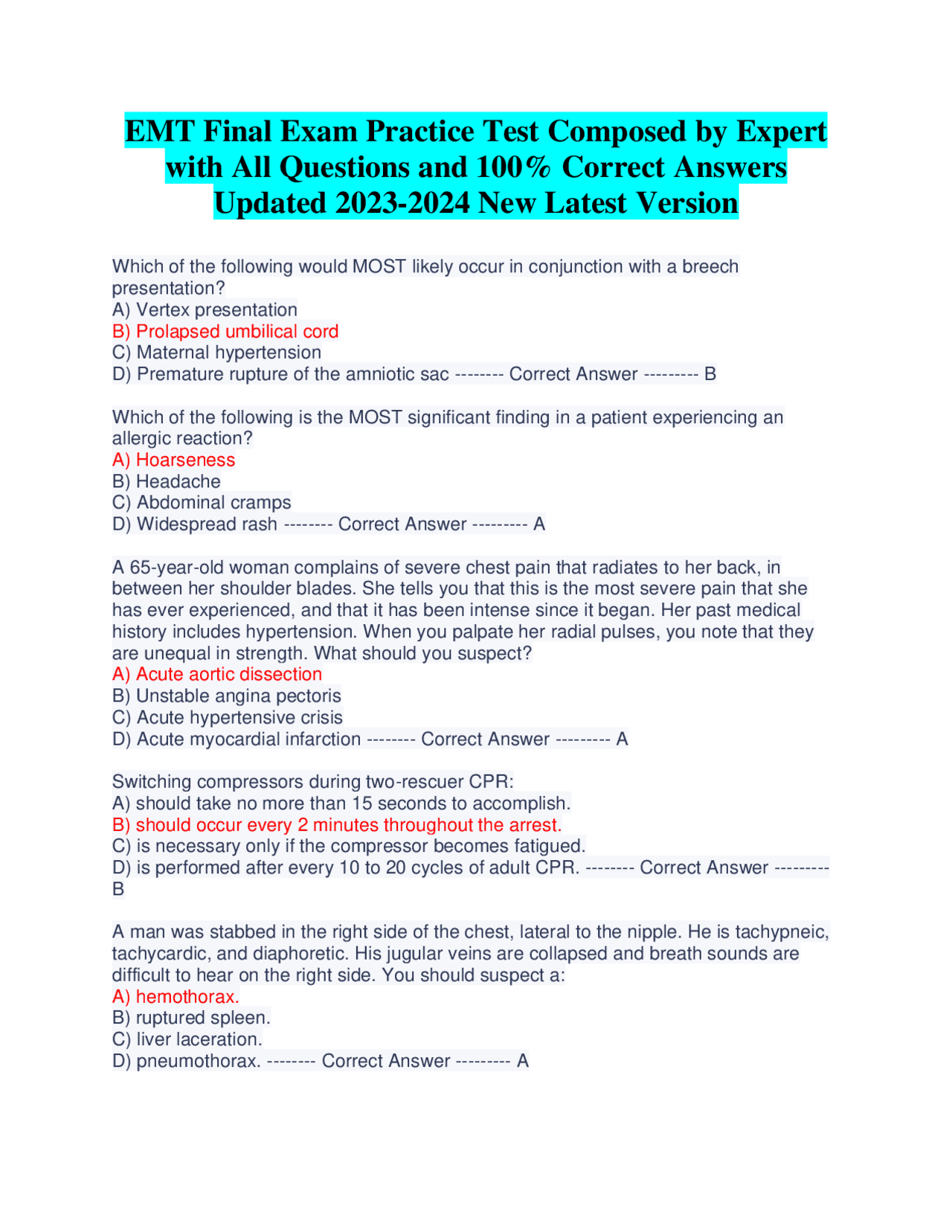 EMT Final Exam Practice Test Composed by Expert with All Questions and ...