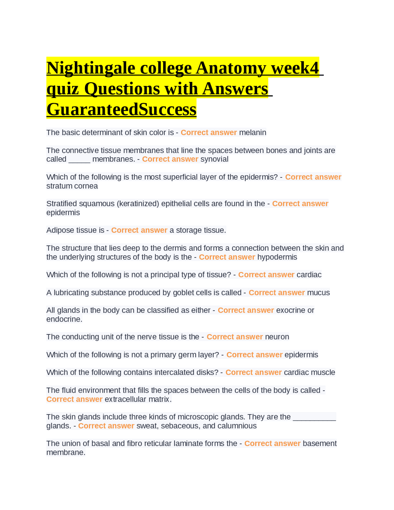 Anatomy Quiz Week 4: Questions and Answers | Exams Nursing | Docsity