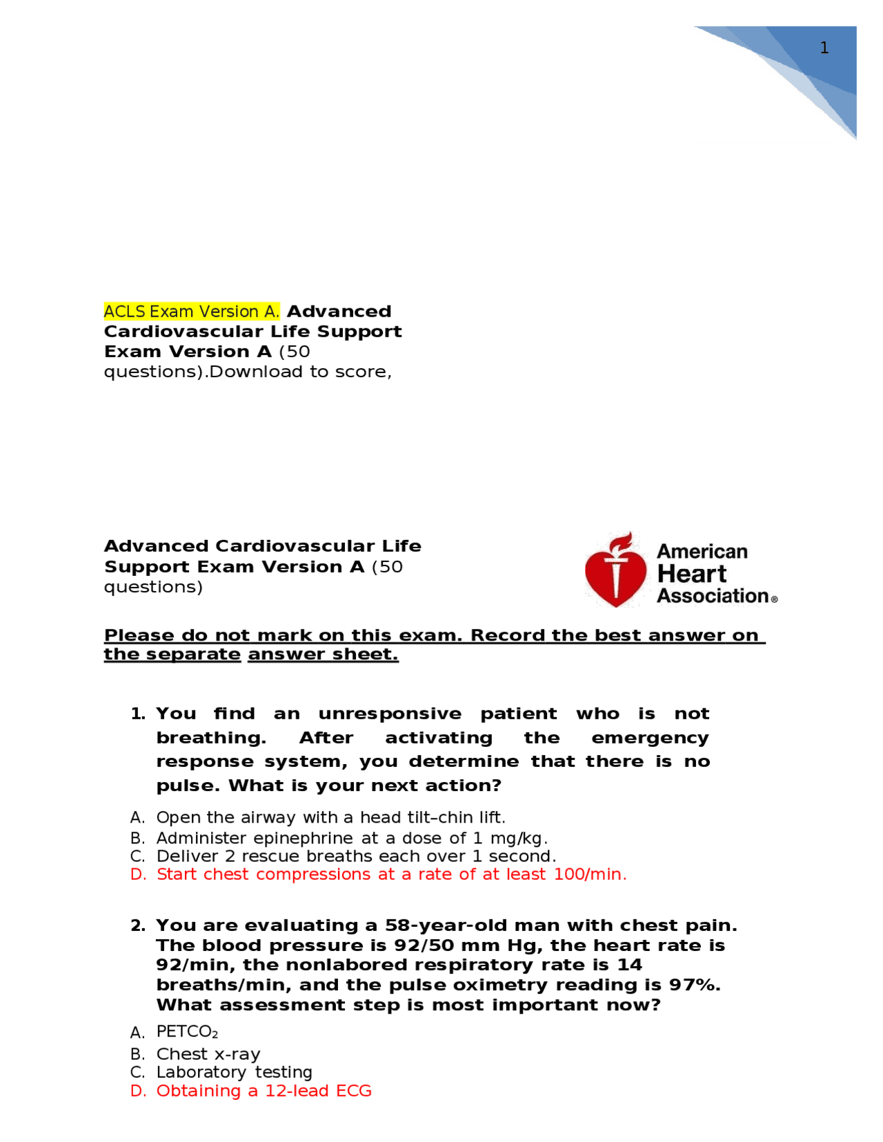 ACLS Exam Version A. Advanced Cardiovascular Life Support Exam Version ...