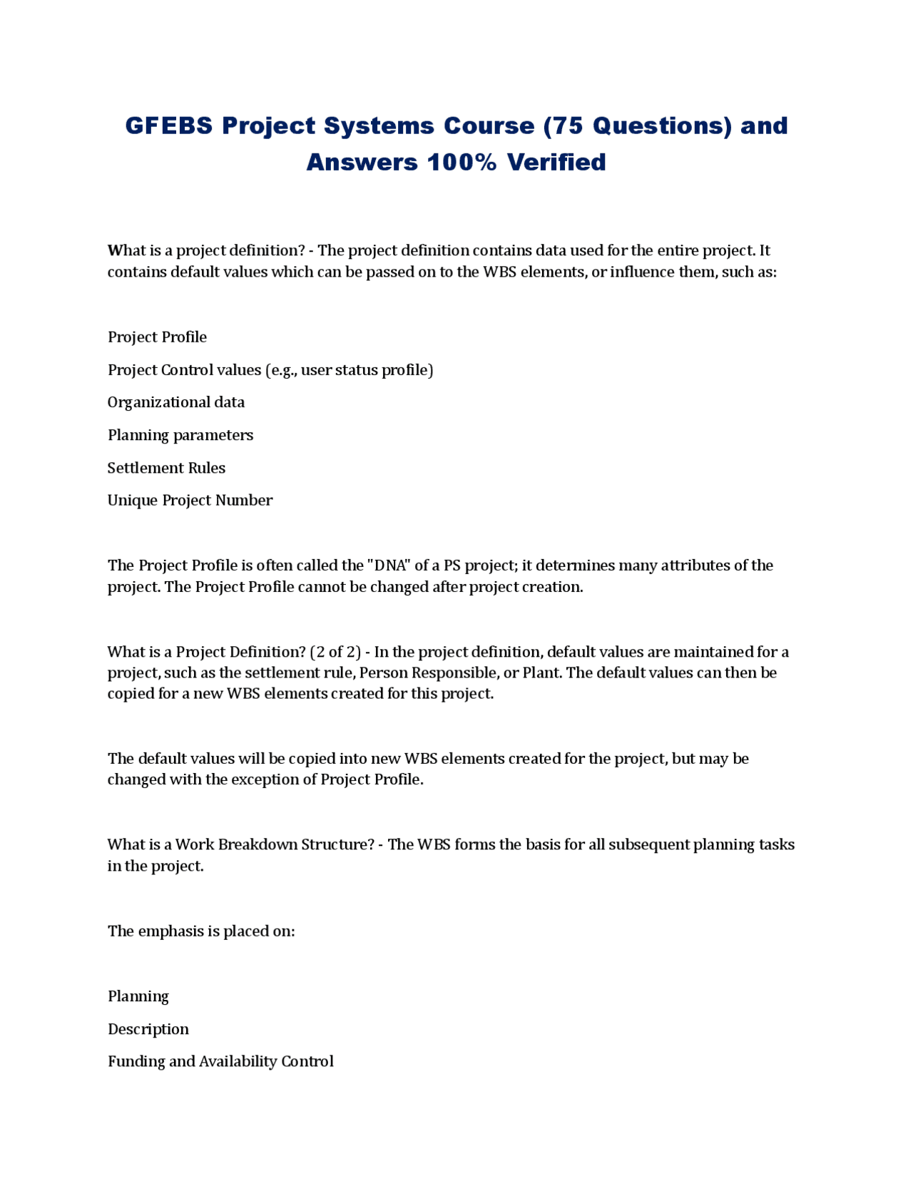 GFEBS Project Systems Course (75 Questions) and Answers 100% Verified ...