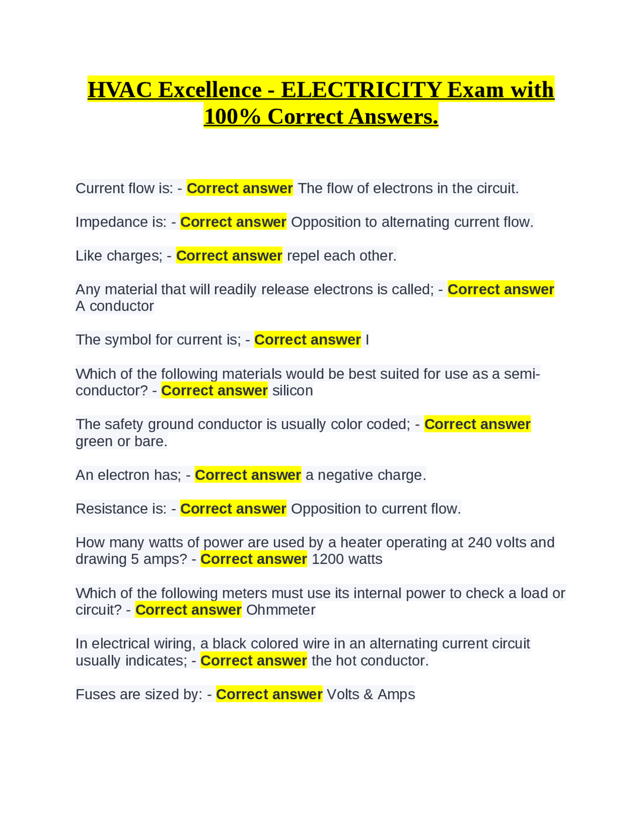 HVAC Excellence - ELECTRICITY Exam with 100% Correct Answers. | Exams ...