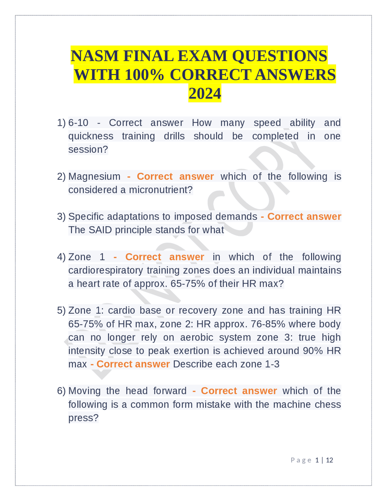 NASM FINAL EXAM QUESTIONS WITH 100% CORRECT ANSWERS 2024 | Exams ...
