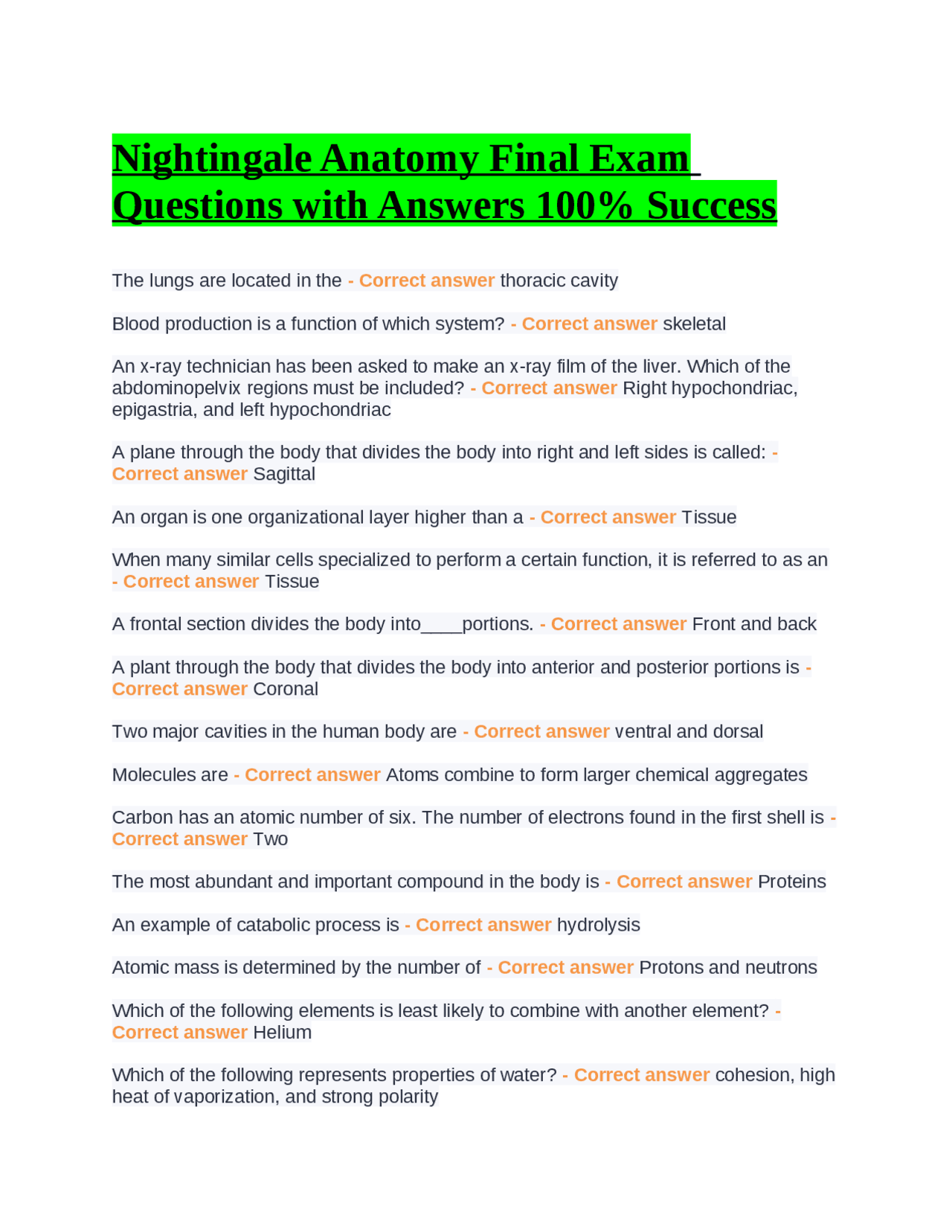 Nightingale Anatomy Final Exam Questions with Answers 100% Success ...
