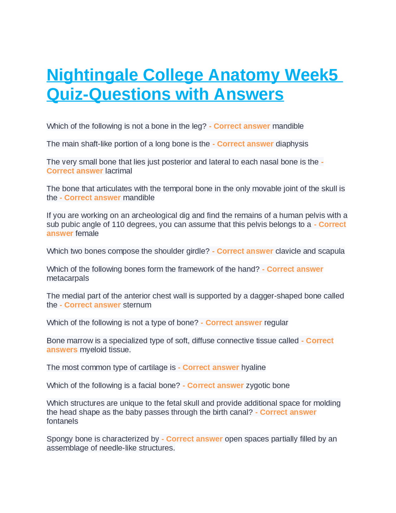 Nightingale College Anatomy Week5 Quiz-Questions with Answers | Exams ...