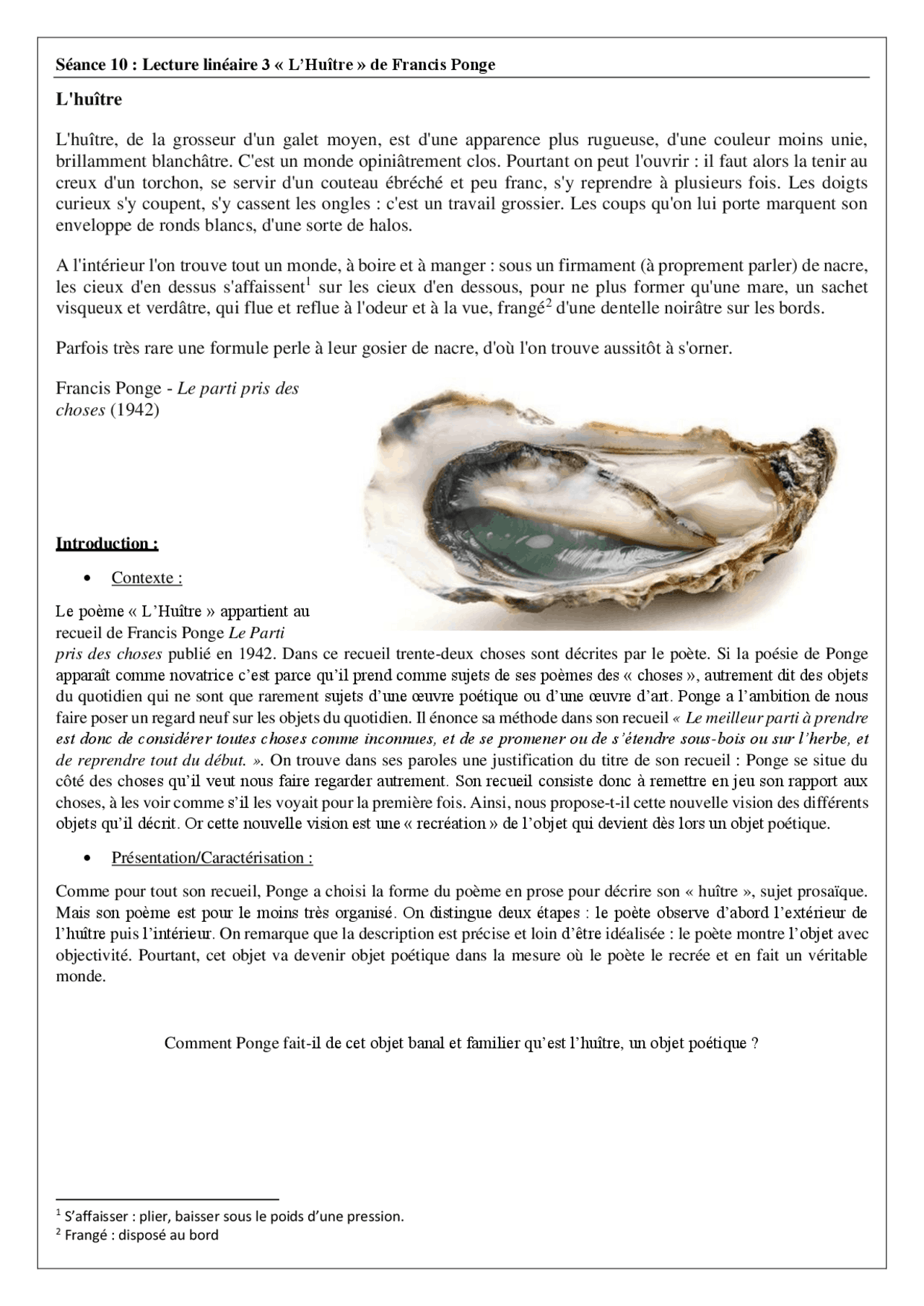 L'Huître de Francis Ponge : une recréation poétique du quotidien ...