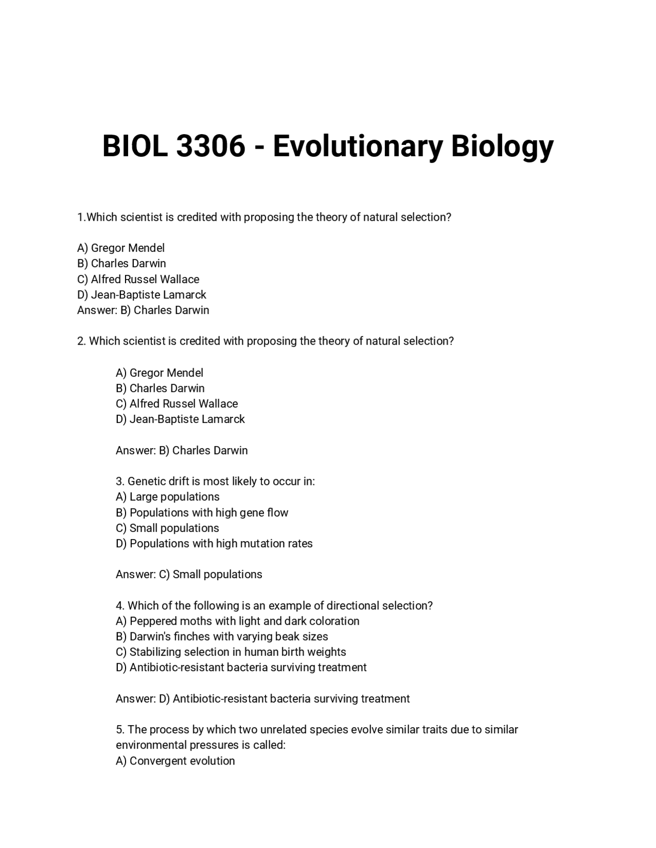 80 Solved Questions on Evolutionary Biology - Exam 1 | BIOL 3306, Exams ...