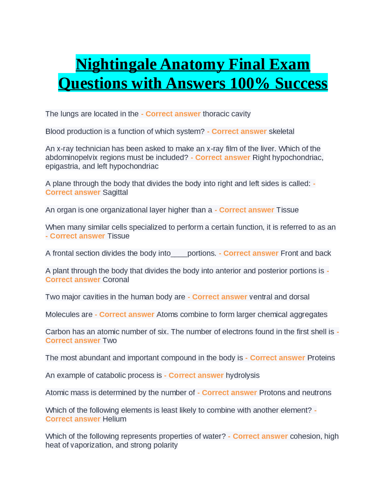 Nightingale Anatomy Final Exam Questions with Answers 100% Success ...