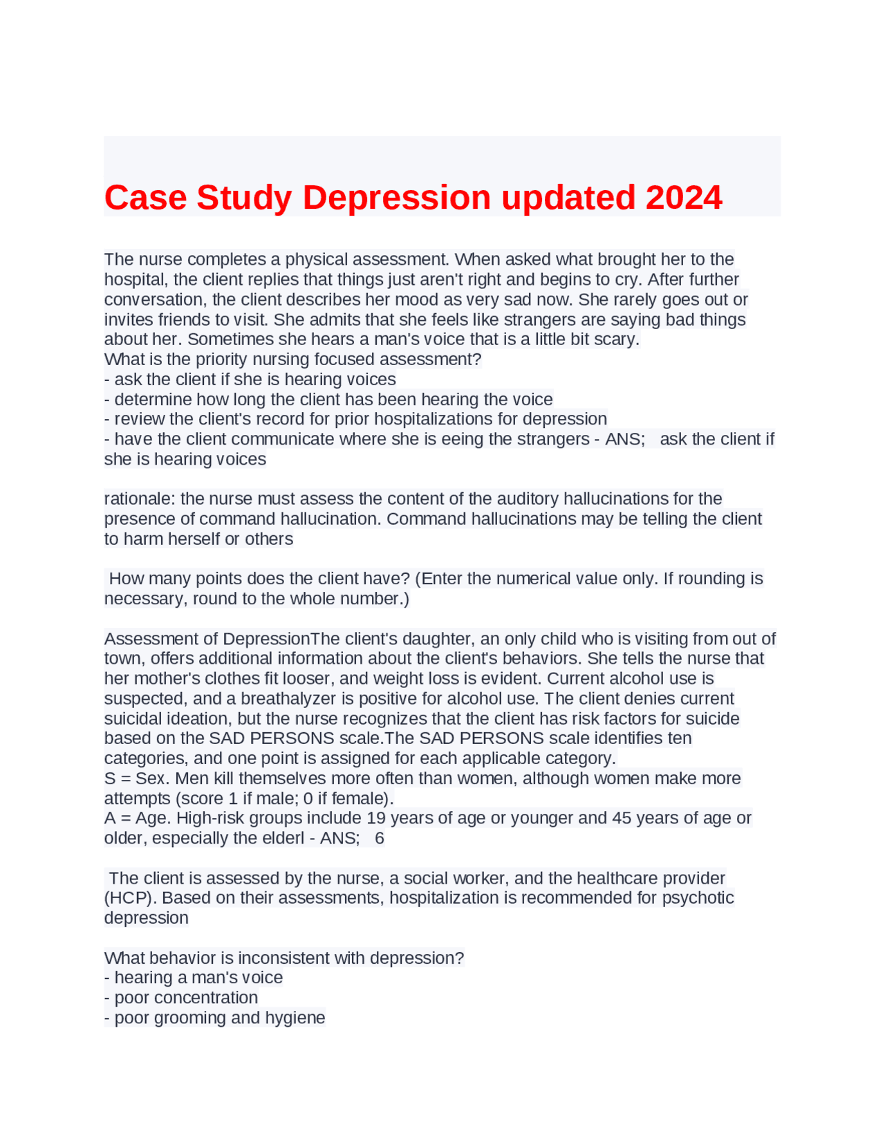 Case Study Depression updated 2024. | Exams Nursing | Docsity