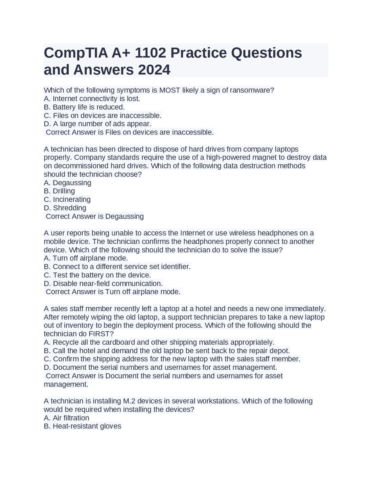 CompTIA A+ 1102 Practice Questions and Answers 2024 | Exams Nursing ...