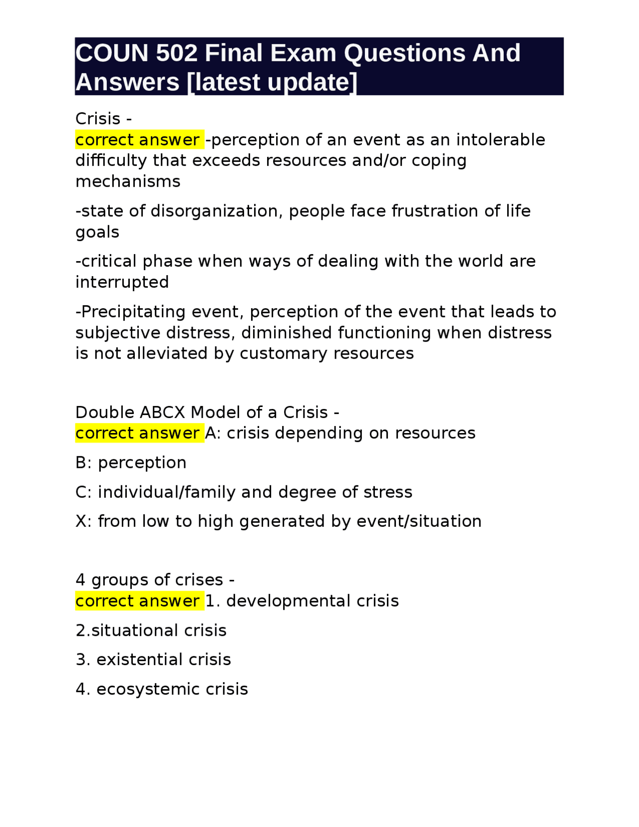 Crisis Management and Counseling: Final Exam Questions and Answers ...