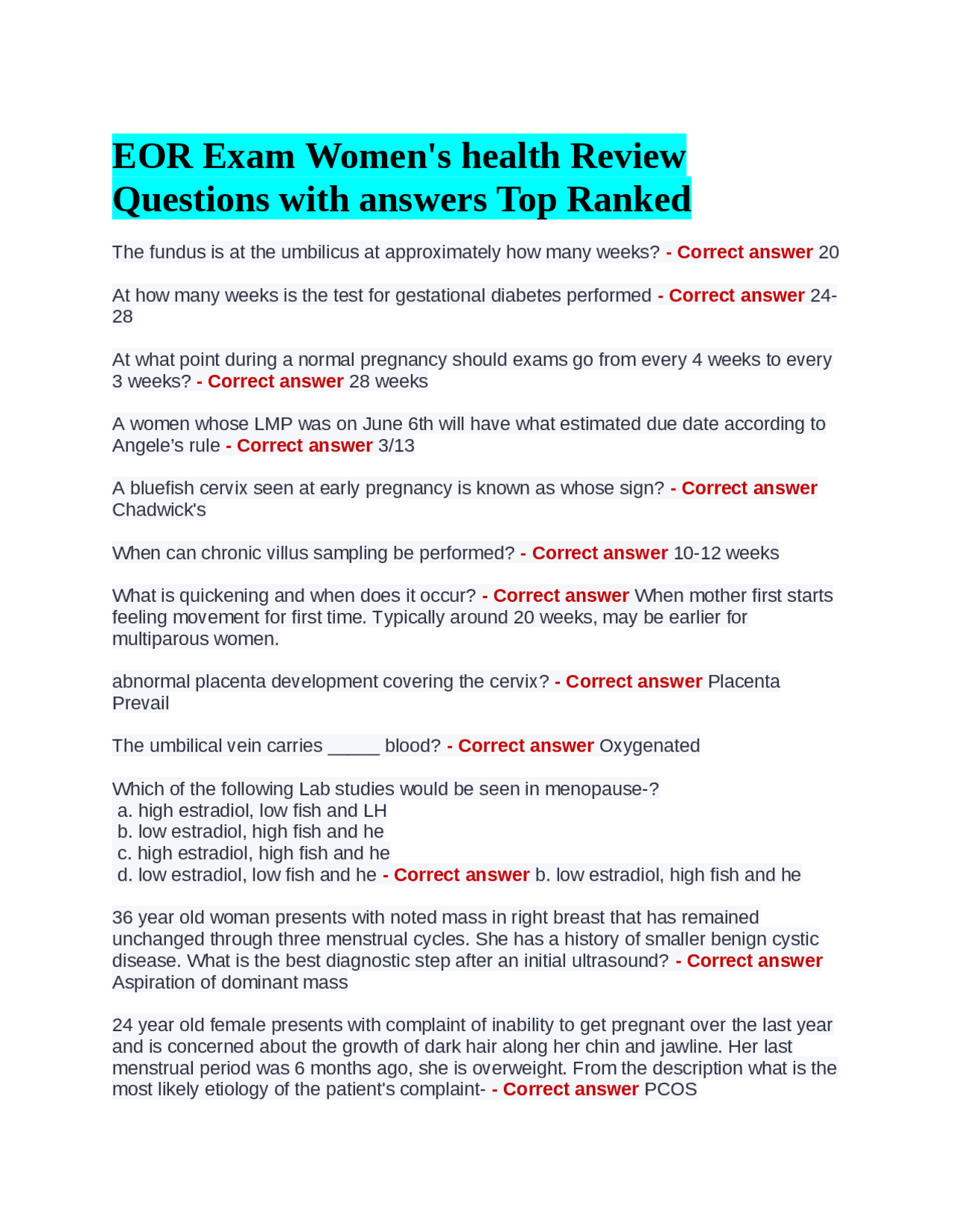 Gynecology and Obstetrics: Case-Based Questions and Answers | Exams Health sciences | Docsity