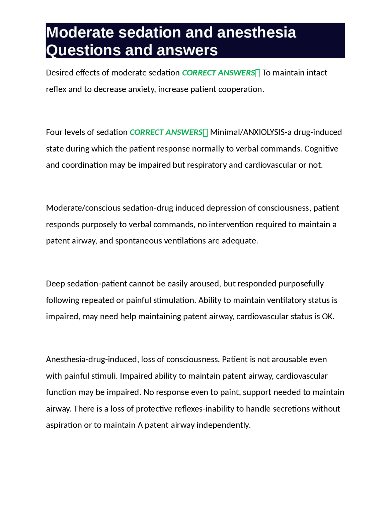 Moderate Sedation and Anesthesia: Questions and Answers | Exams Nursing ...