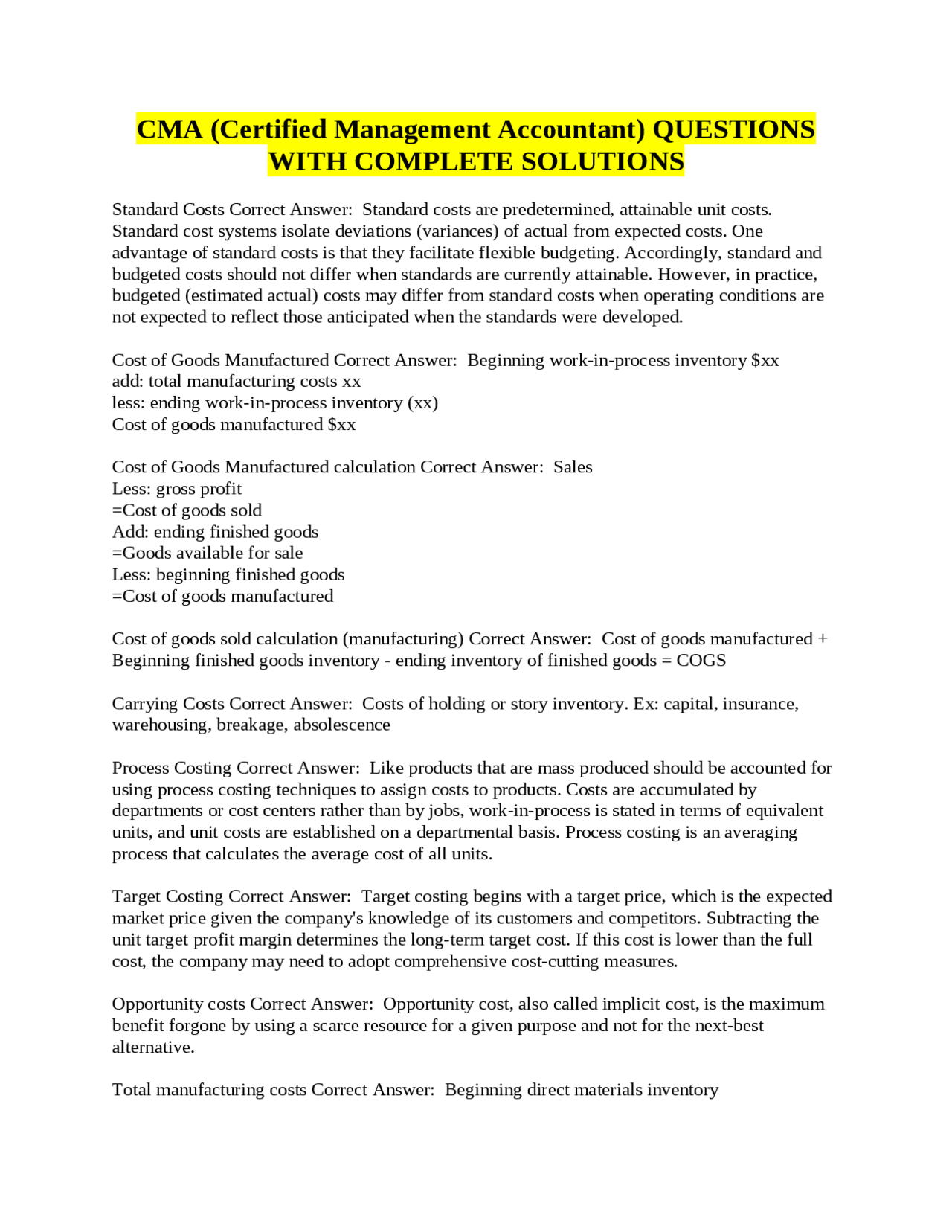 CMA (Certified Management Accountant) QUESTIONS WITH COMPLETE SOLUTIONS ...