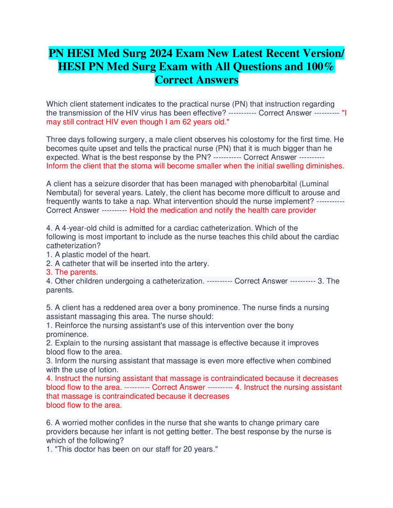 HESI PN Med Surg Exam Questions and Answers | Exams Nursing | Docsity