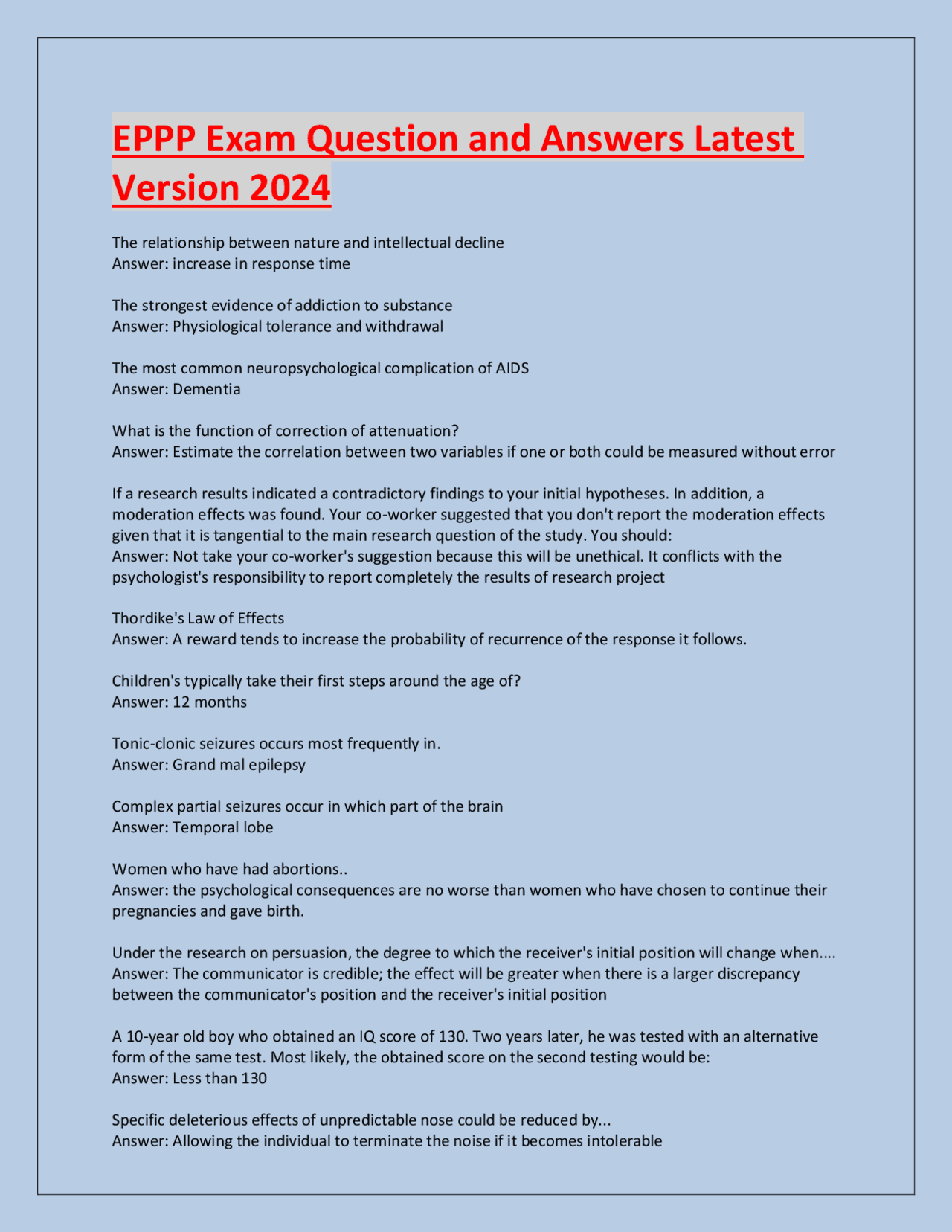 EPPP Exam Question and Answers Latest Version 2024.pdf | Exams Nursing ...