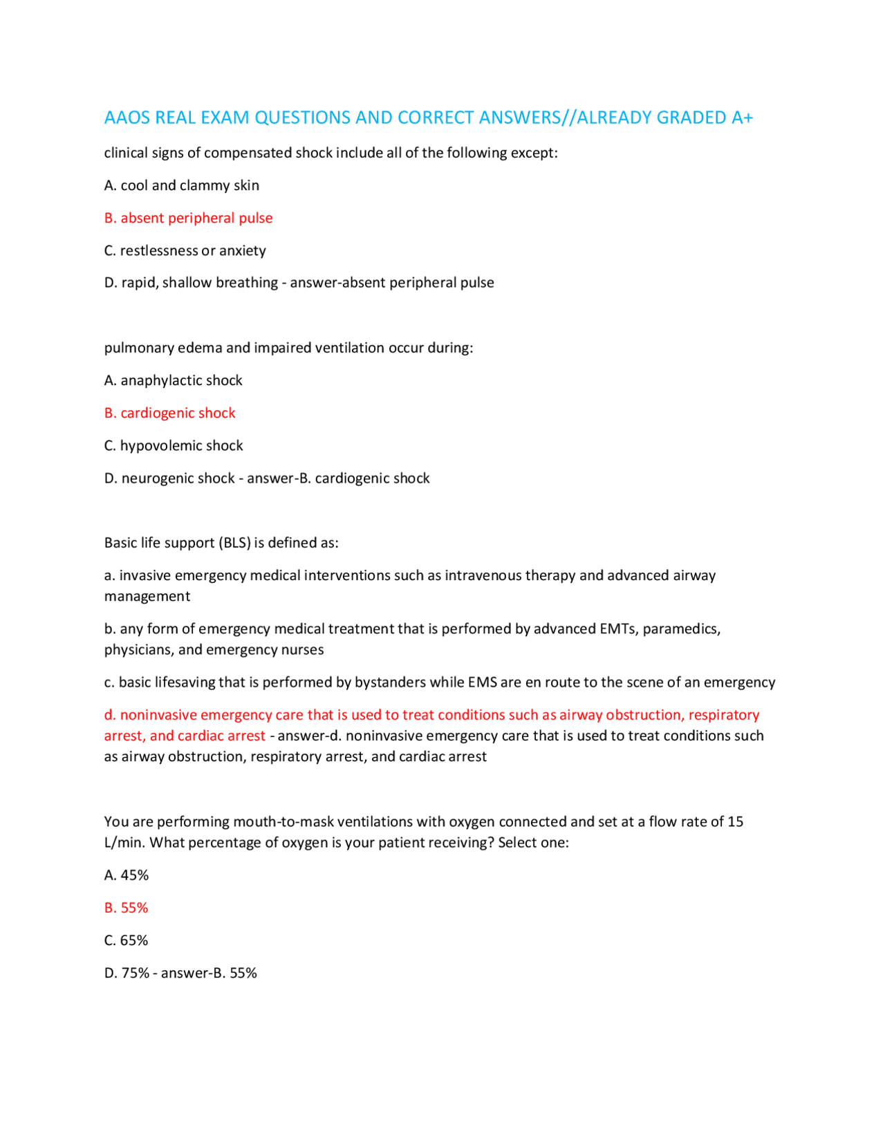 AAOS Real Exam Questions and Correct Answers for EMT Course | Exams ...