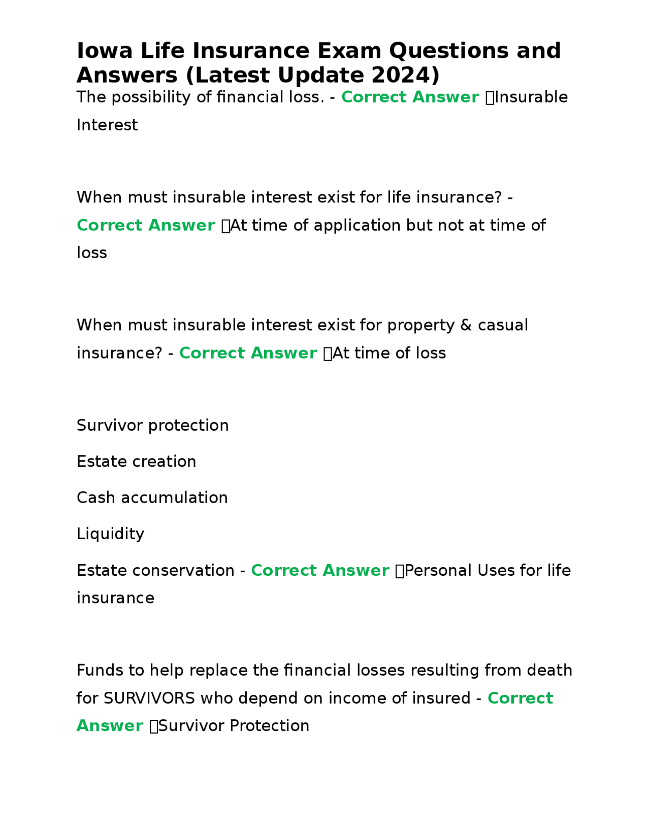 Iowa Life Insurance Exam Questions and Answers (Latest Update 2024 ...