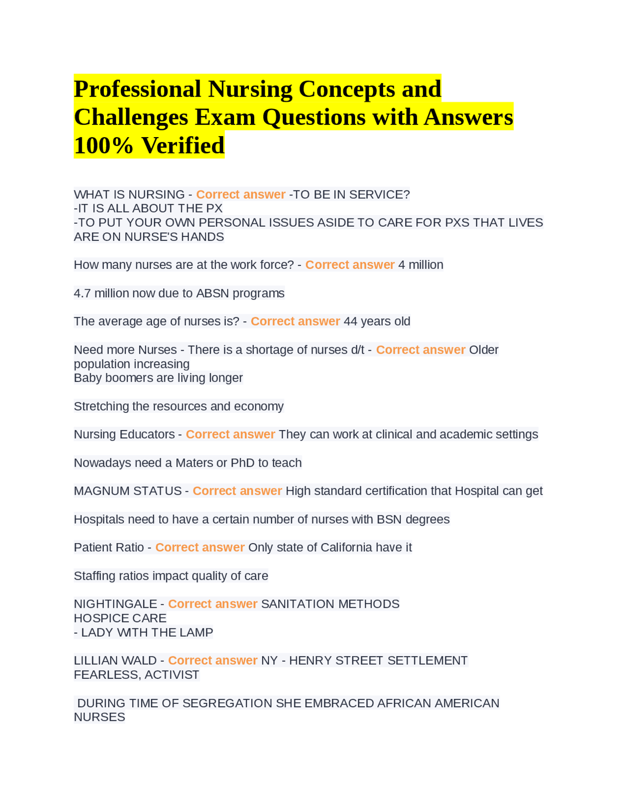 Professional Nursing Concepts and Challenges: Exam Questions and ...