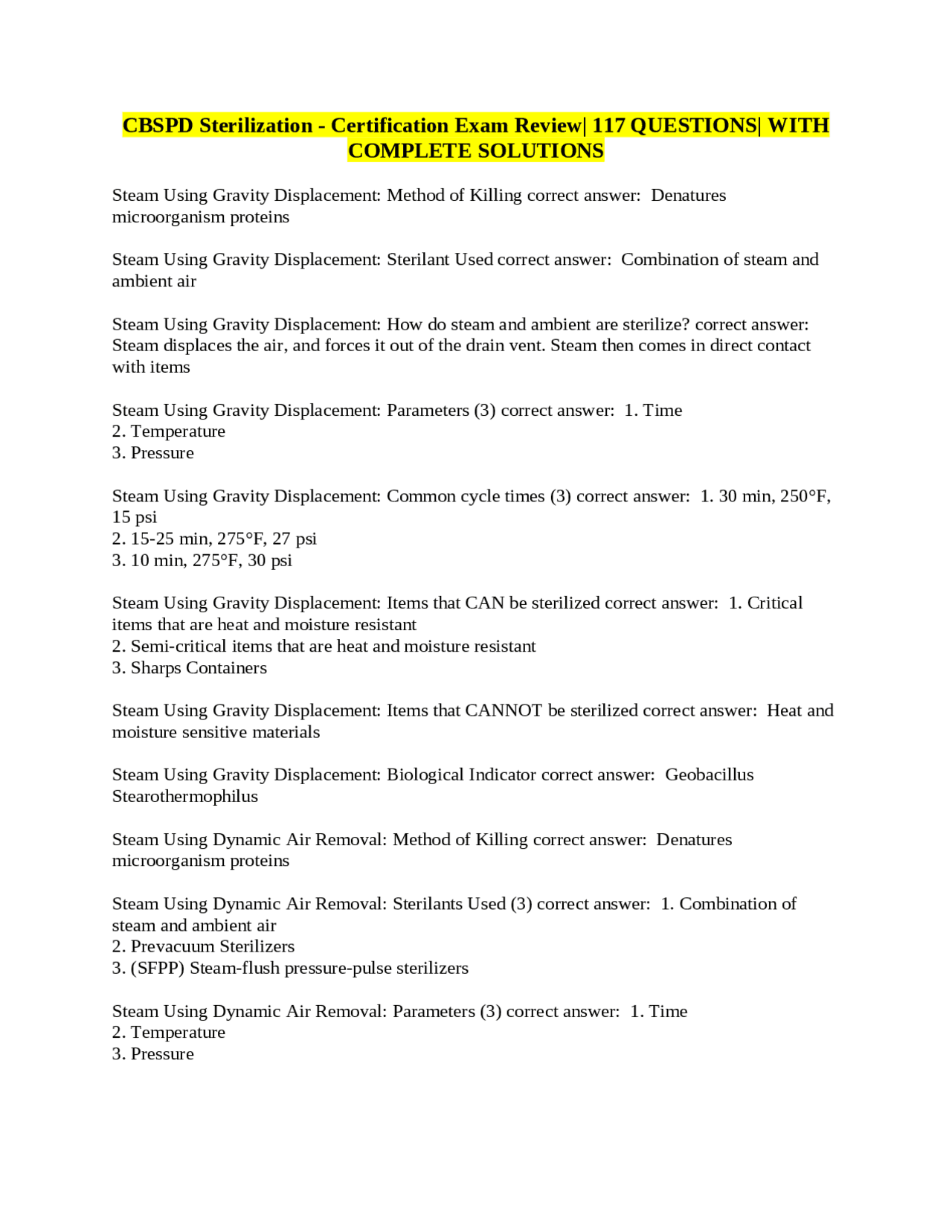 CBSPD Sterilization - Certification Exam Review 117 QUESTIONS WITH ...